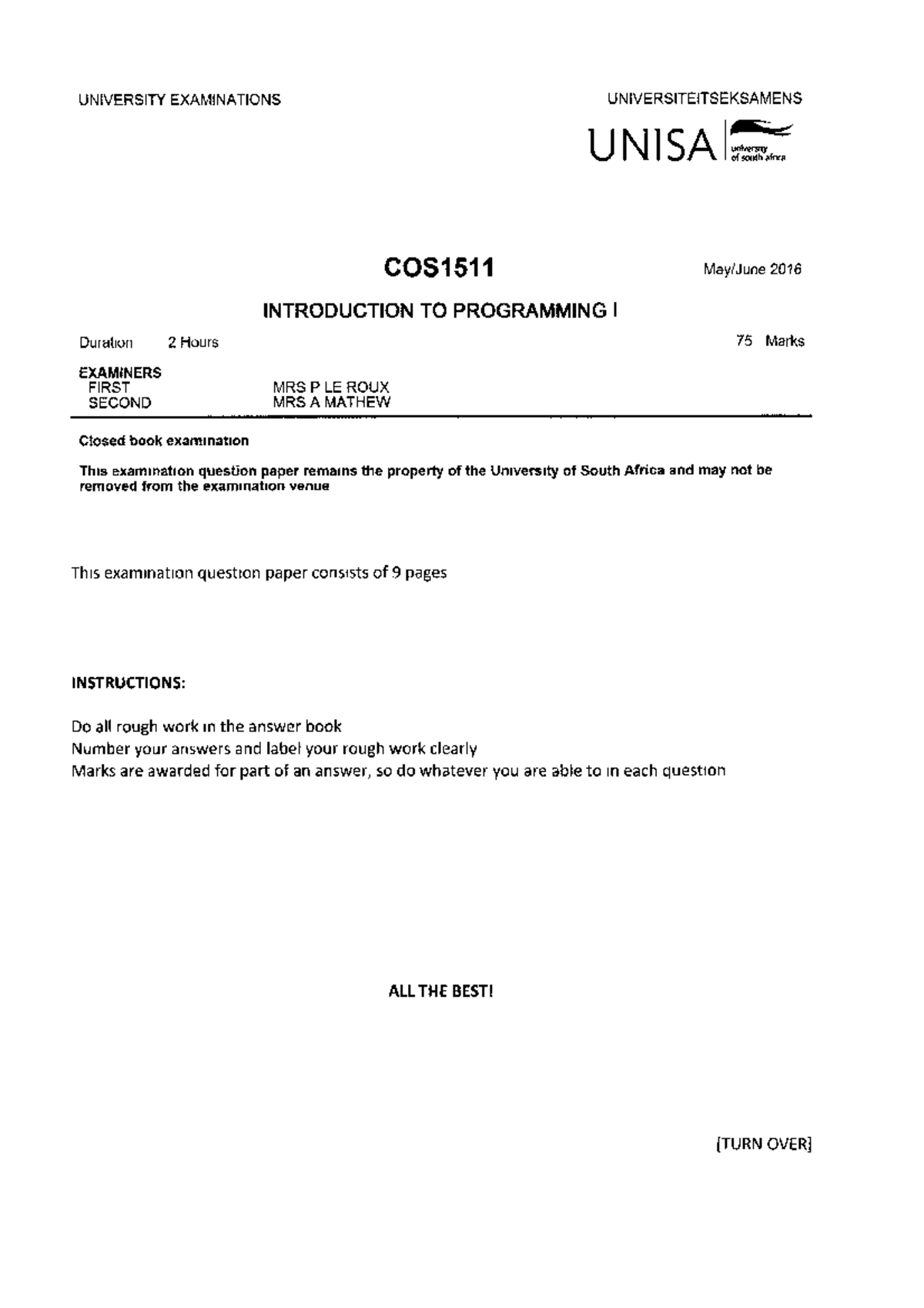 COS1511 2016_exam2016_practice_papaerWhy HTML is Not a Programming - COS1511 - Studocu