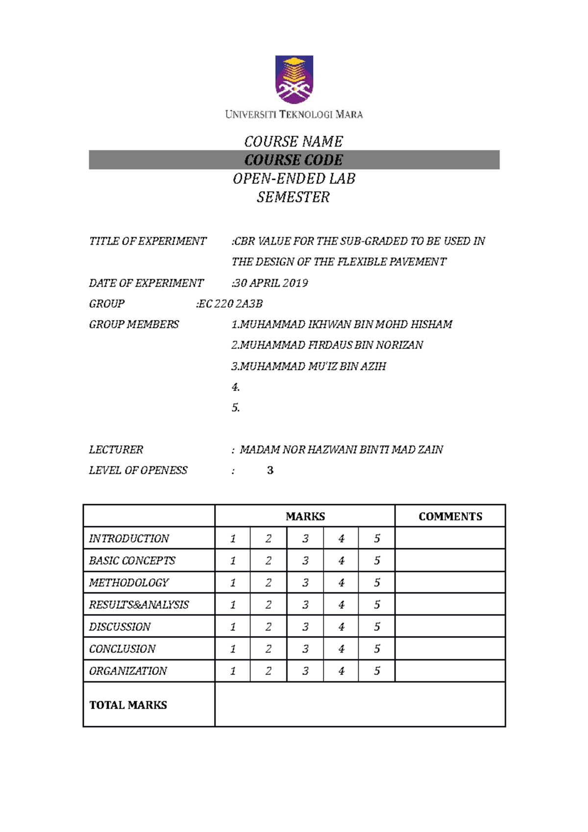 Cbr test - hello - COURSE NAME COURSE CODE OPEN-ENDED LAB SEMESTER ...