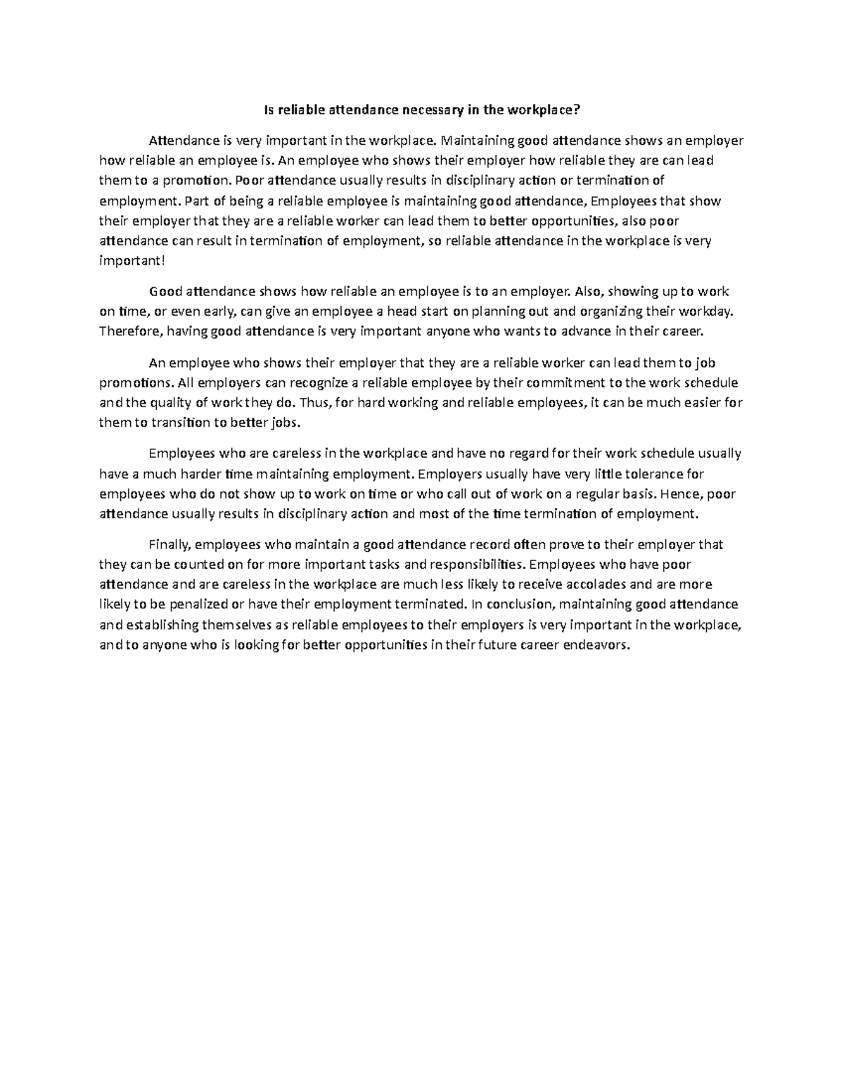 Jacob Corne Writing Assignment 1 - Is reliable attendance necessary in ...