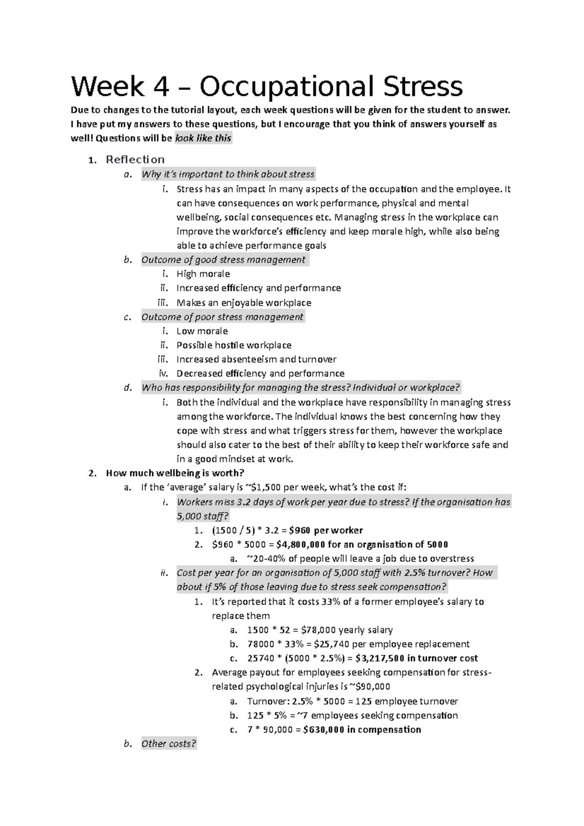 PSYU3338 W4 T1 - Detailed tutorial notes - Week 4 – Occupational Stress ...