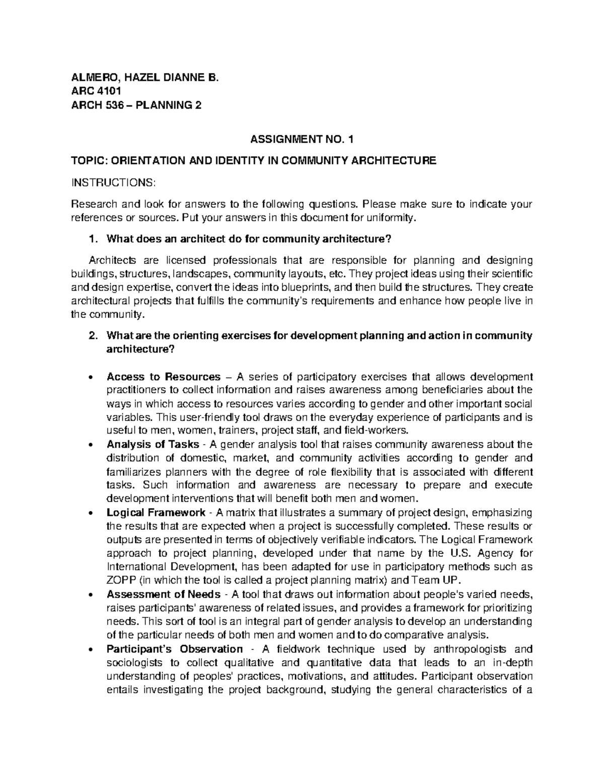Planning 2(Assignment #1) - ALMERO, HAZEL DIANNE B. ARC 4101 ARCH 536 ...