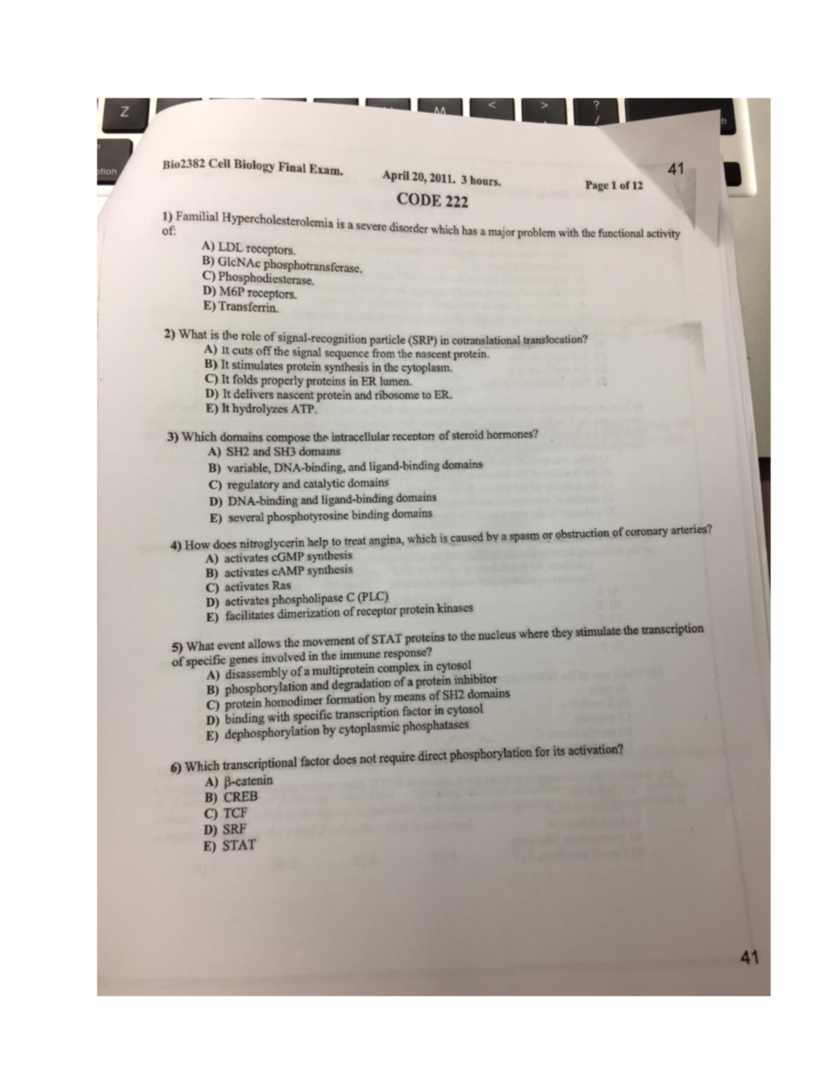 2011 Final - Z otion Bio2382 Cell Biology Final Exam. 41 April 20, 2011 ...