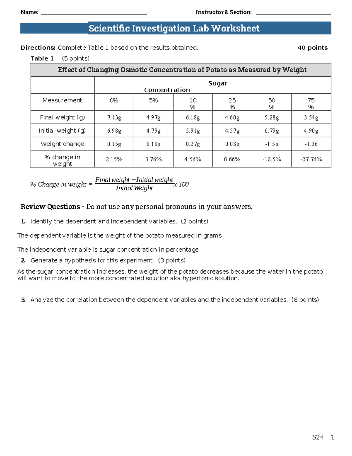 Lab 1 BIO 181 - Lab report template - Name: Instructor & Section ...