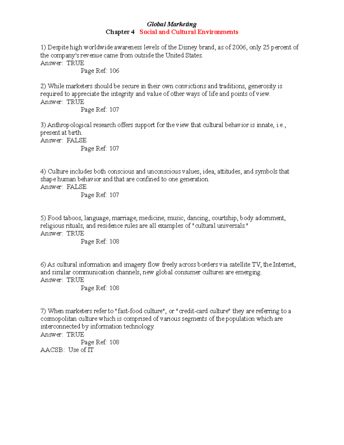 Ch04 Soscial and Cultural Environments Test - Global Marketing Chapter ...