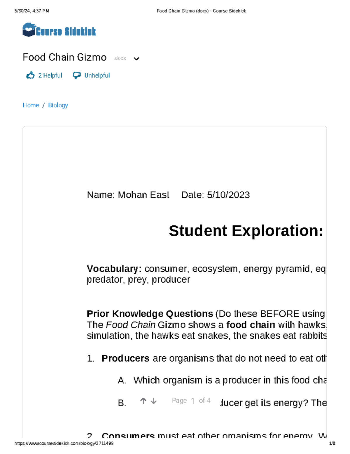Food Chain Gizmo (docx) - Course Sidekick - Food Chain Gizmo .docx 2 ...