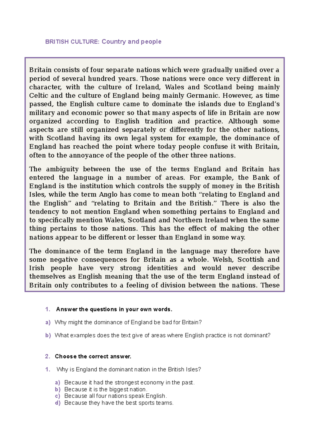 Reading comprehension about Scotland - BRITISH CULTURE: Country and ...