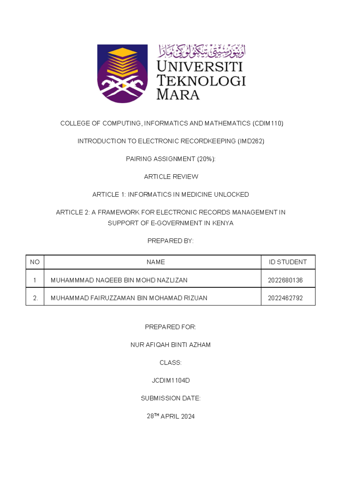 Introduction to Electronic Recordkeeping (IMD262) - COLLEGE OF ...