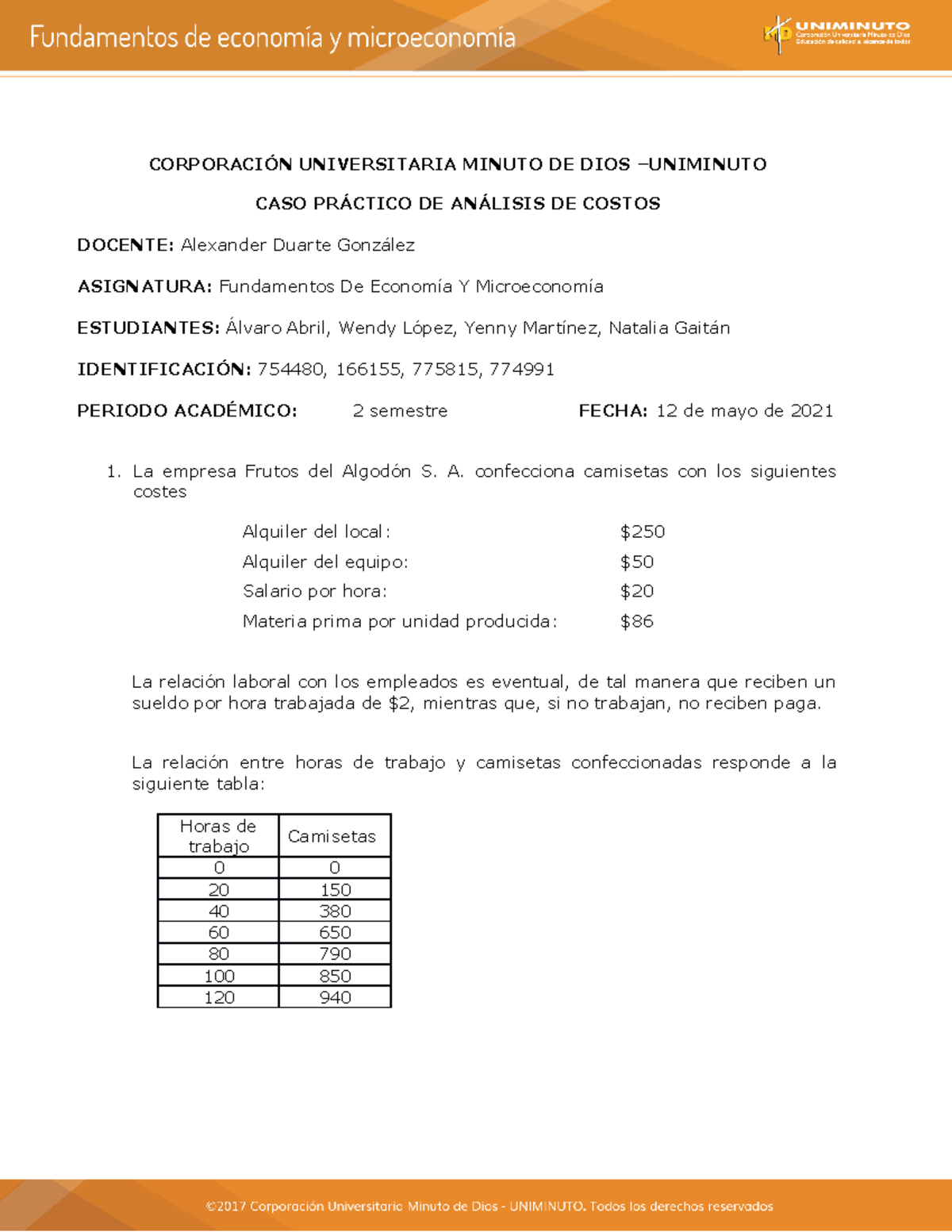 Analisis DE Costos - nada en común - CORPORACIÓN UNIVERSITARIA MINUTO DE DIOS –UNIMINUTO CASO ...