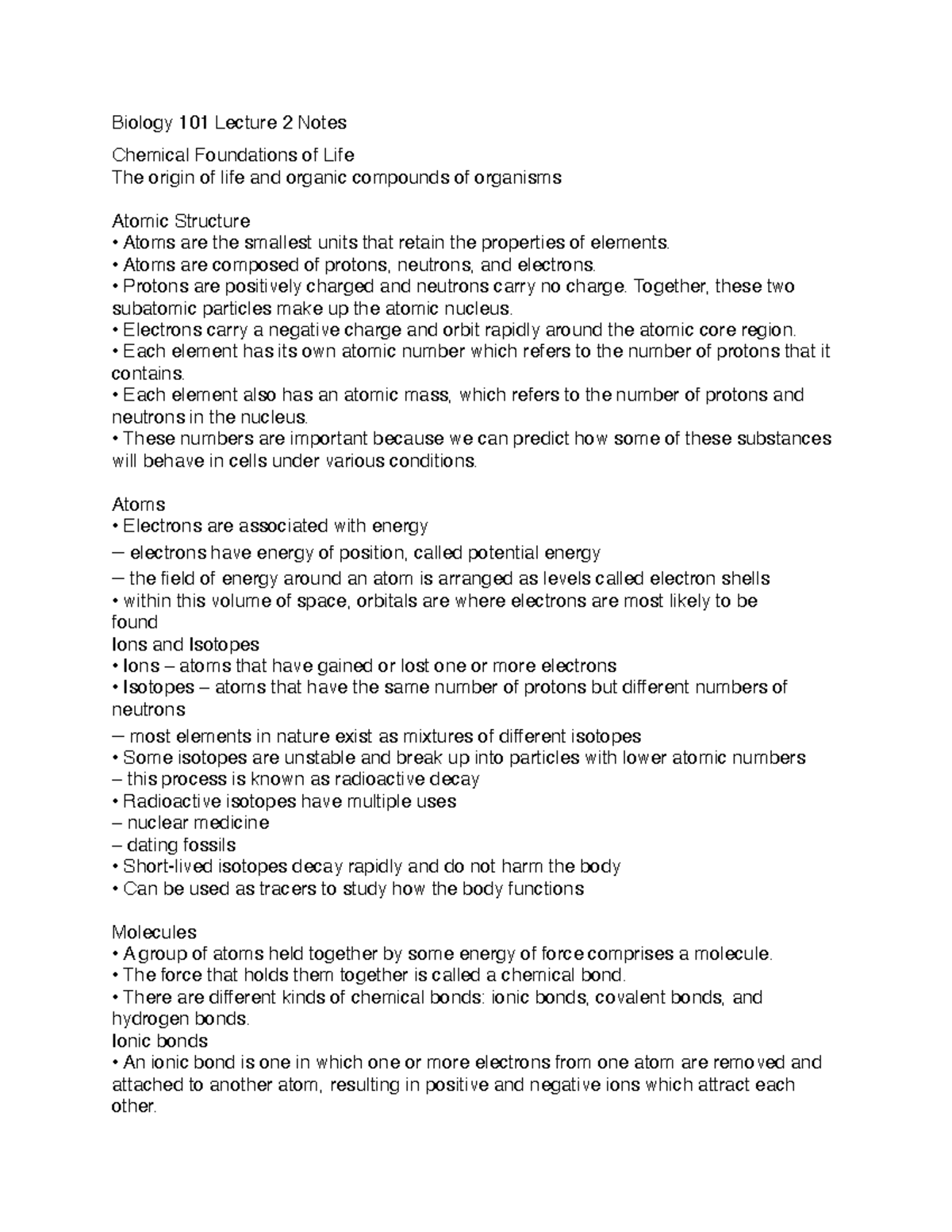 Bio 2 - chemical foundations biology class notes - Biology 101 Lecture ...