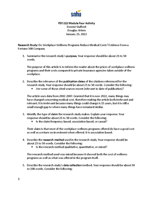 PSY222 Module Two Activity Assignment - PSY 222 Module Two Activity Donnie Stafford January 16 ...