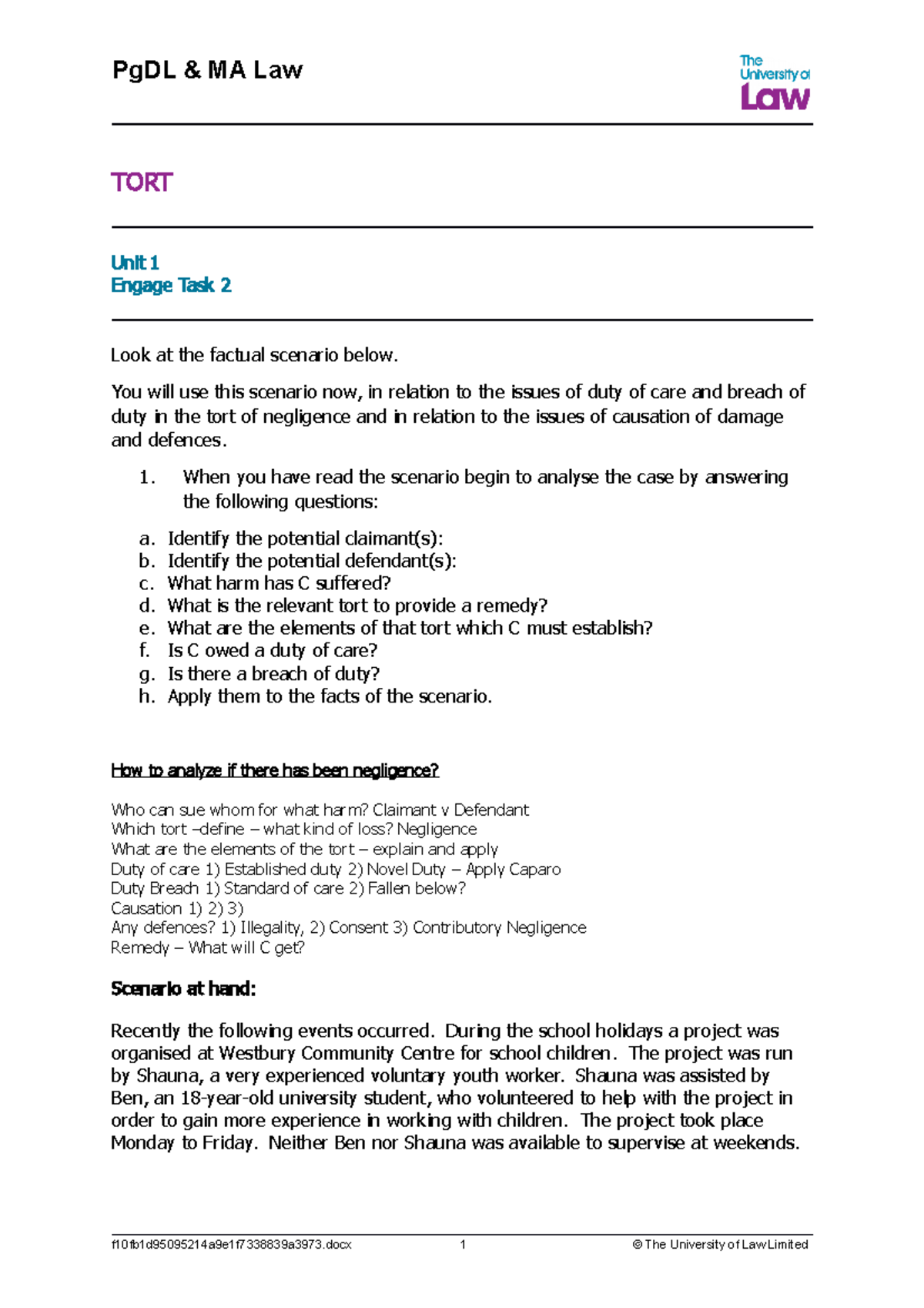 Engage Task 2 Unit 2 Negligence - TORT Unit 1 Engage Task 2 Look at the ...