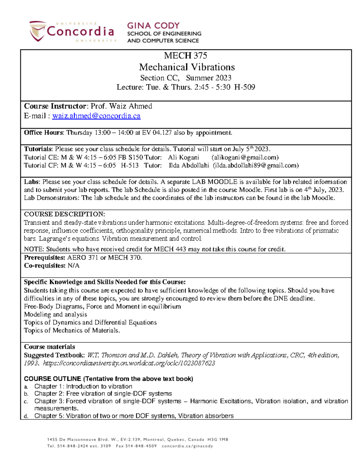 NEW Outline - MECH 375 Mechanical Vibrations Section CC, Summer 2023 ...