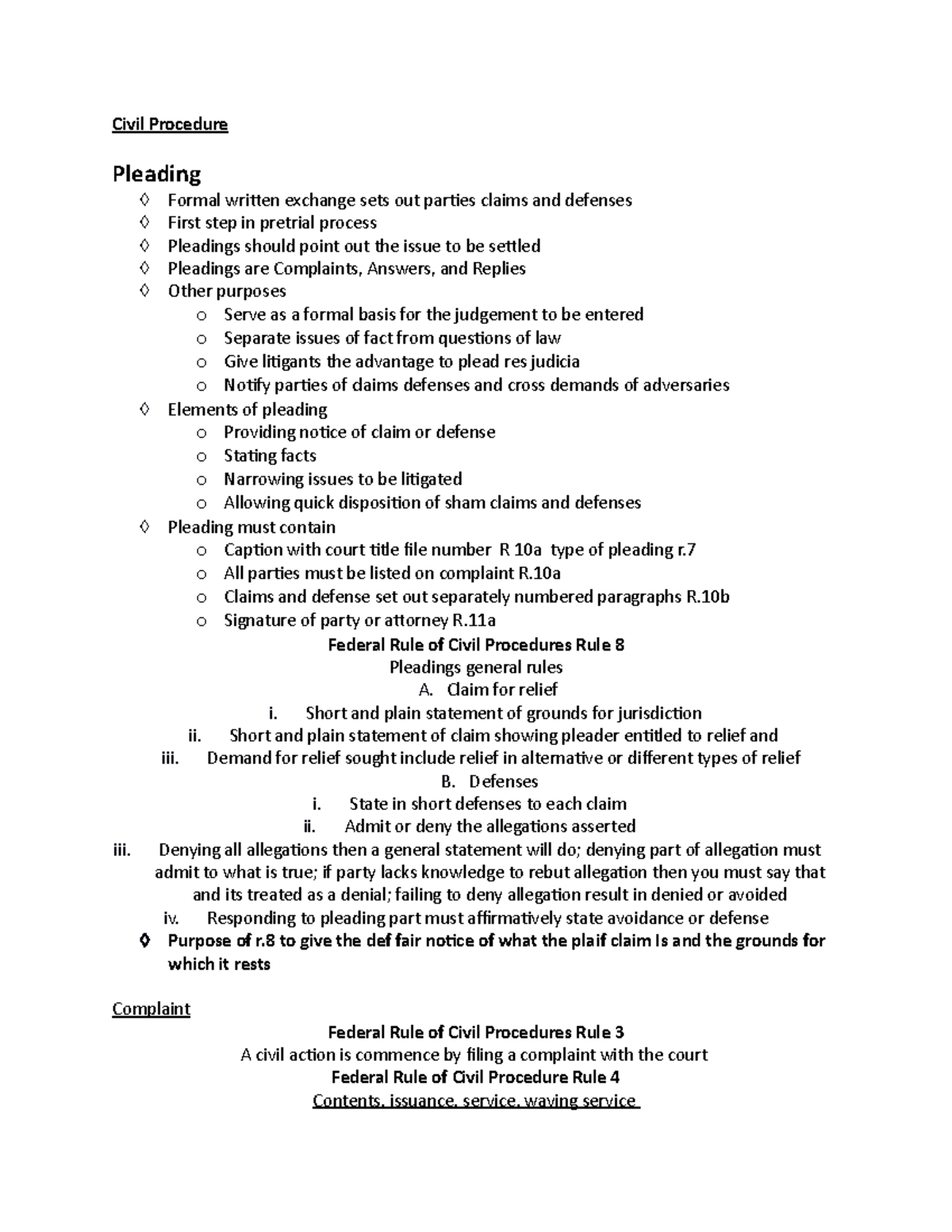 Civil Procedure outline - Civil Procedure Pleading Formal written ...