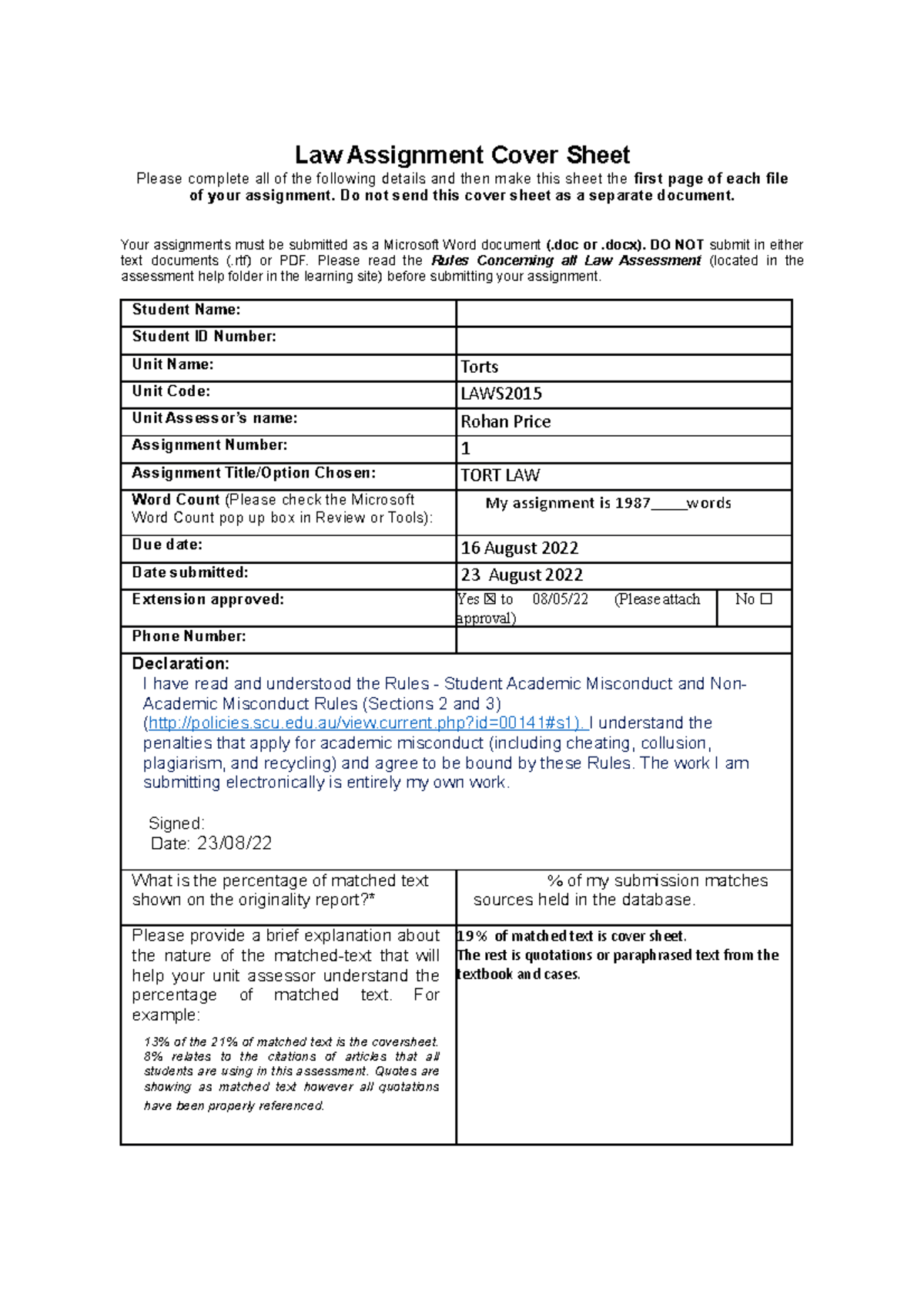 Torts Assignment EM - Law Assignment Cover Sheet Please complete all of ...