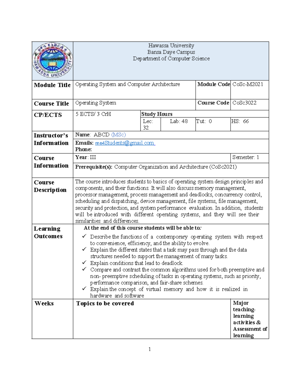 ####New OS Course Outline - Hawassa University Bansa Daye Campus Department of Computer Science ...