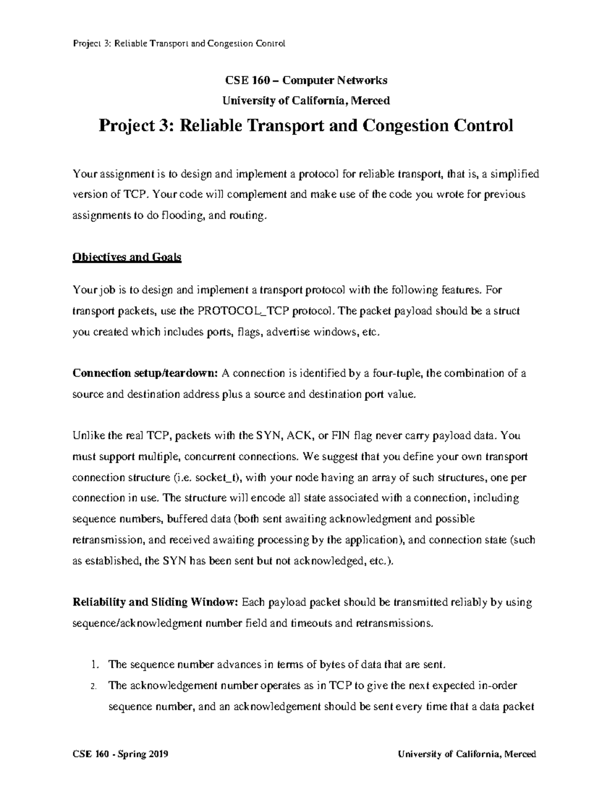 Project 3 - Reliable Transport and Congestion Control - CSE 160 – Computer Networks University ...