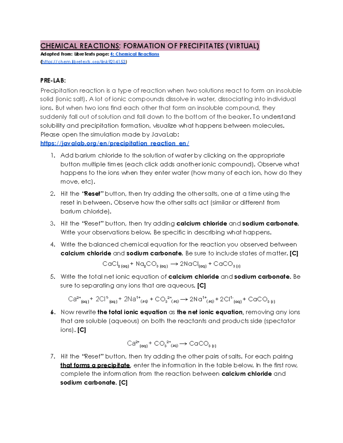 Formation of Precipitates Lab - CHEMICAL REACTIONS: FORMATION OF ...