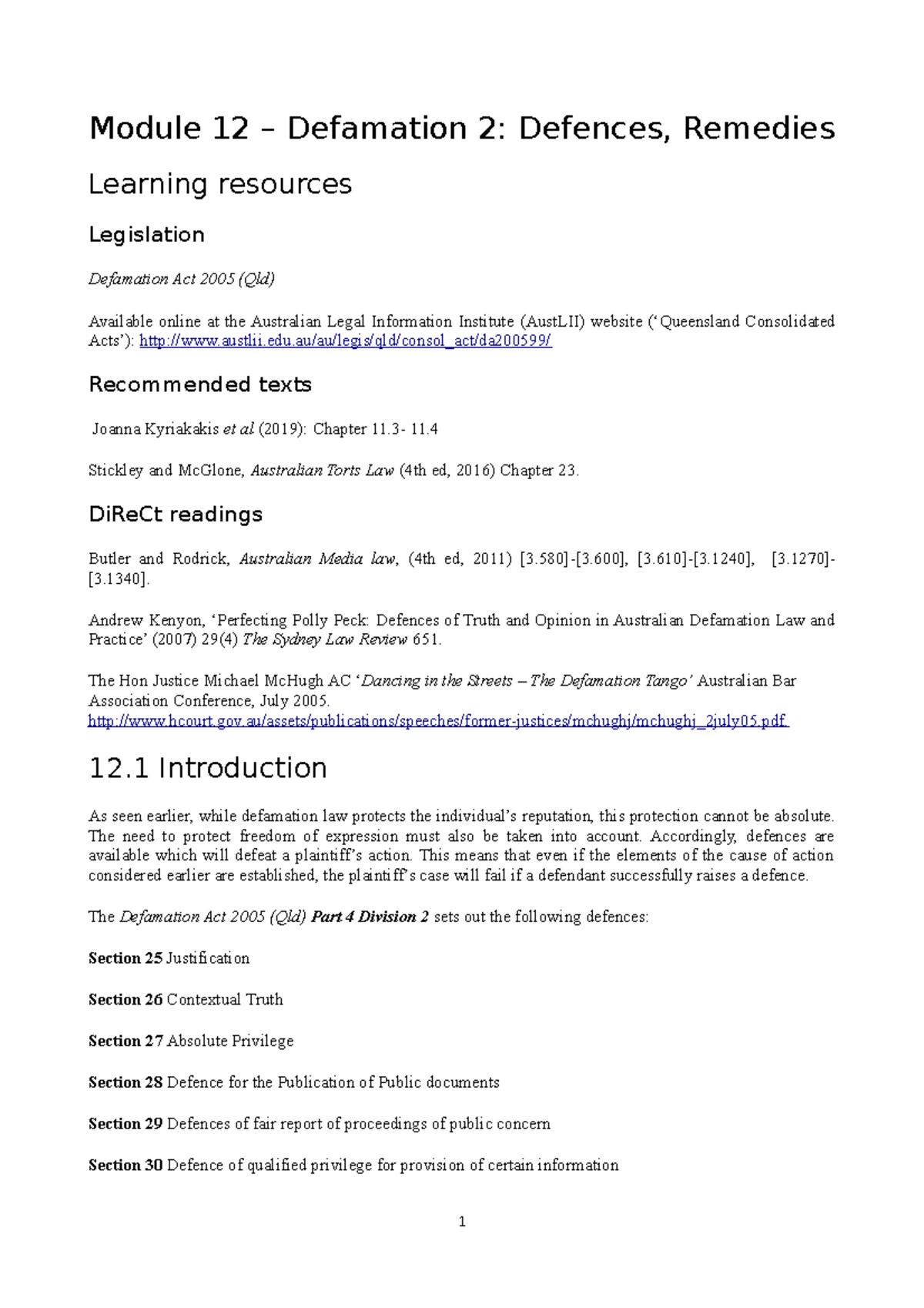 Module 12 Defamation 2 - Information on Defam - Module 12 – Defamation ...