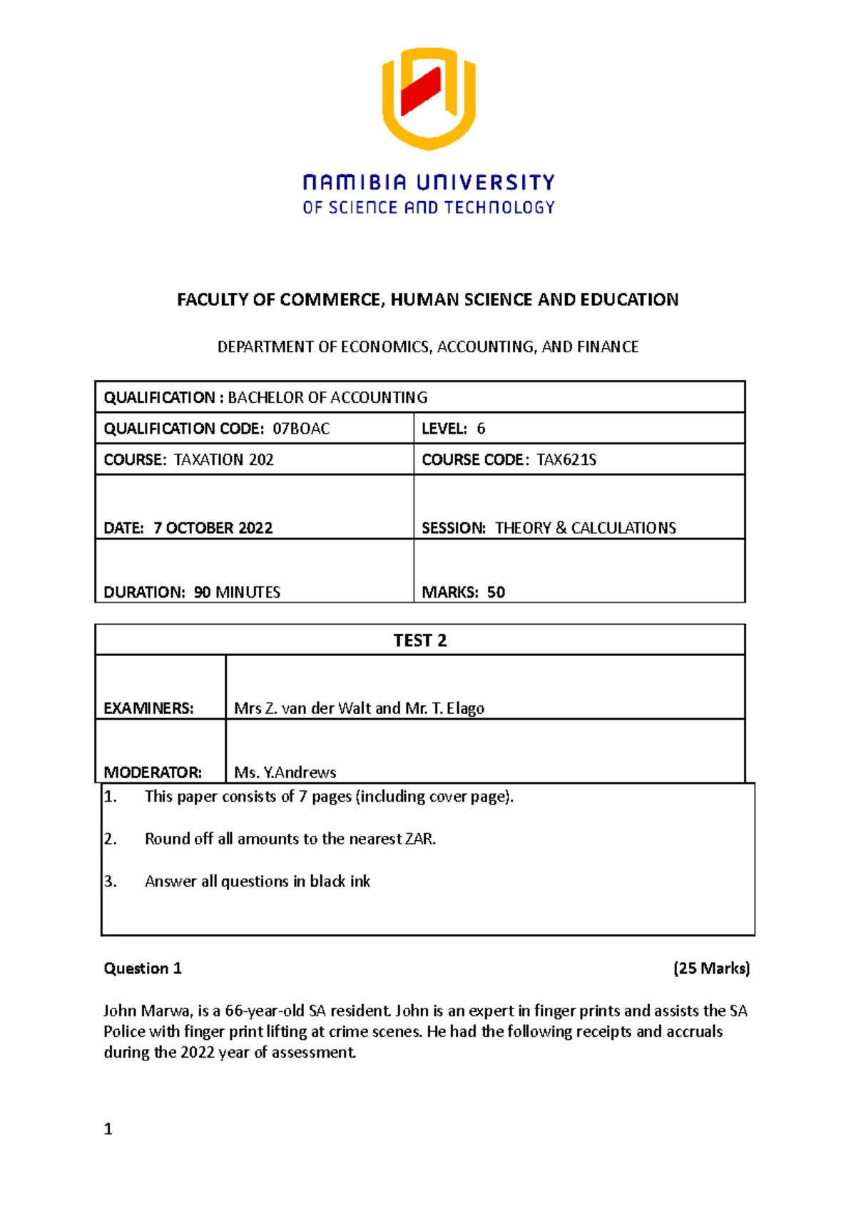 Test 2 - Gffjj - FACULTY OF COMMERCE, HUMAN SCIENCE AND EDUCATION ...