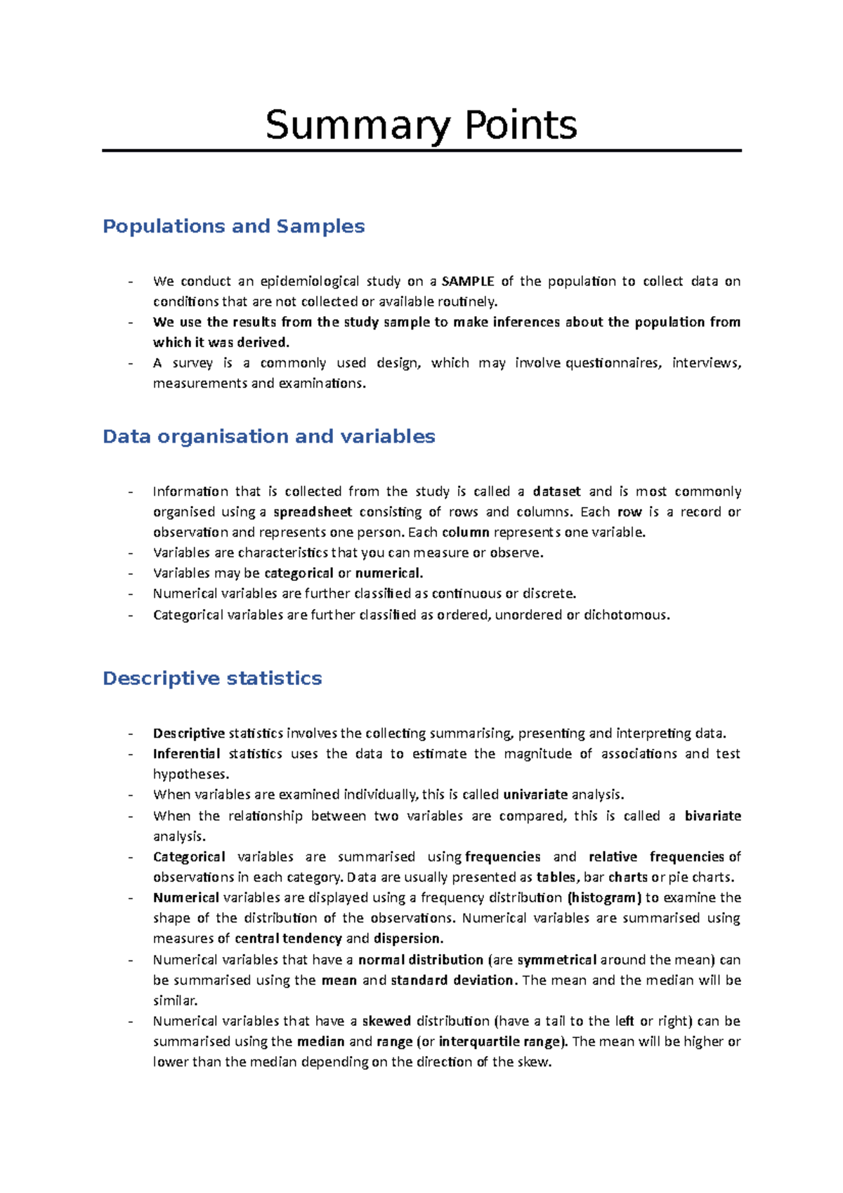 HLTH1002 Lecture 9 - Summary Points Populations and Samples We conduct an epidemiological study ...