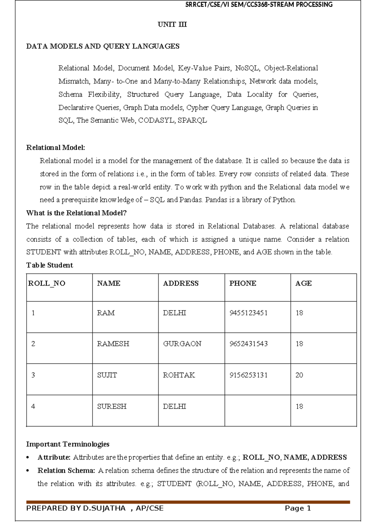 UNIT3-SP - lecture notes - UNIT III DATA MODELS AND QUERY LANGUAGES ...