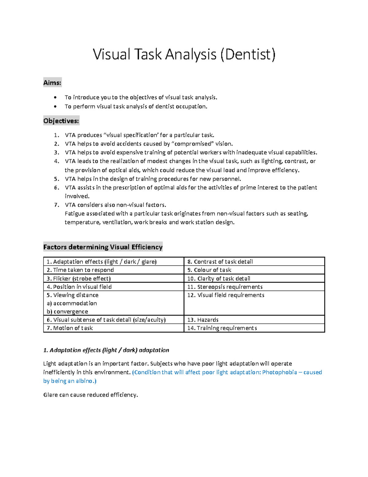 Visual Task Analysis (Dentist) - Visual Task Analysis (Dentist) Aims ...