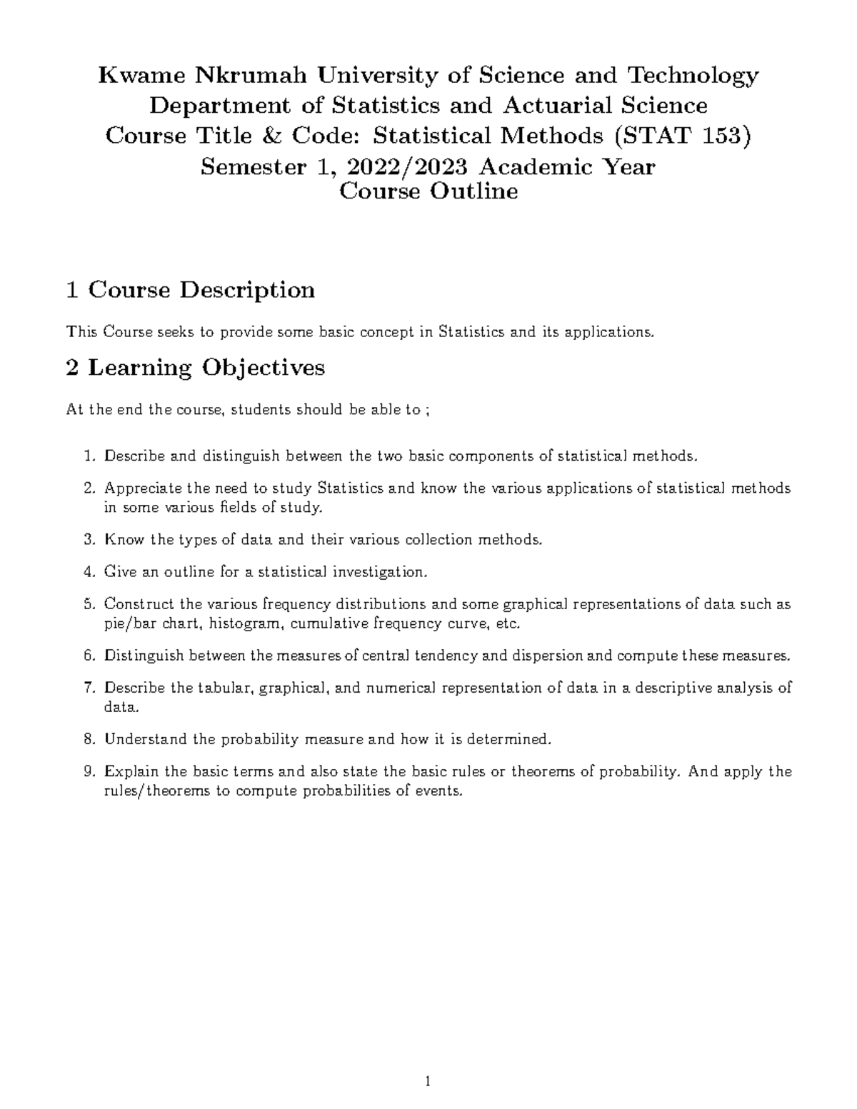 Statistical Methods Course Outline - Kwame Nkrumah University of ...