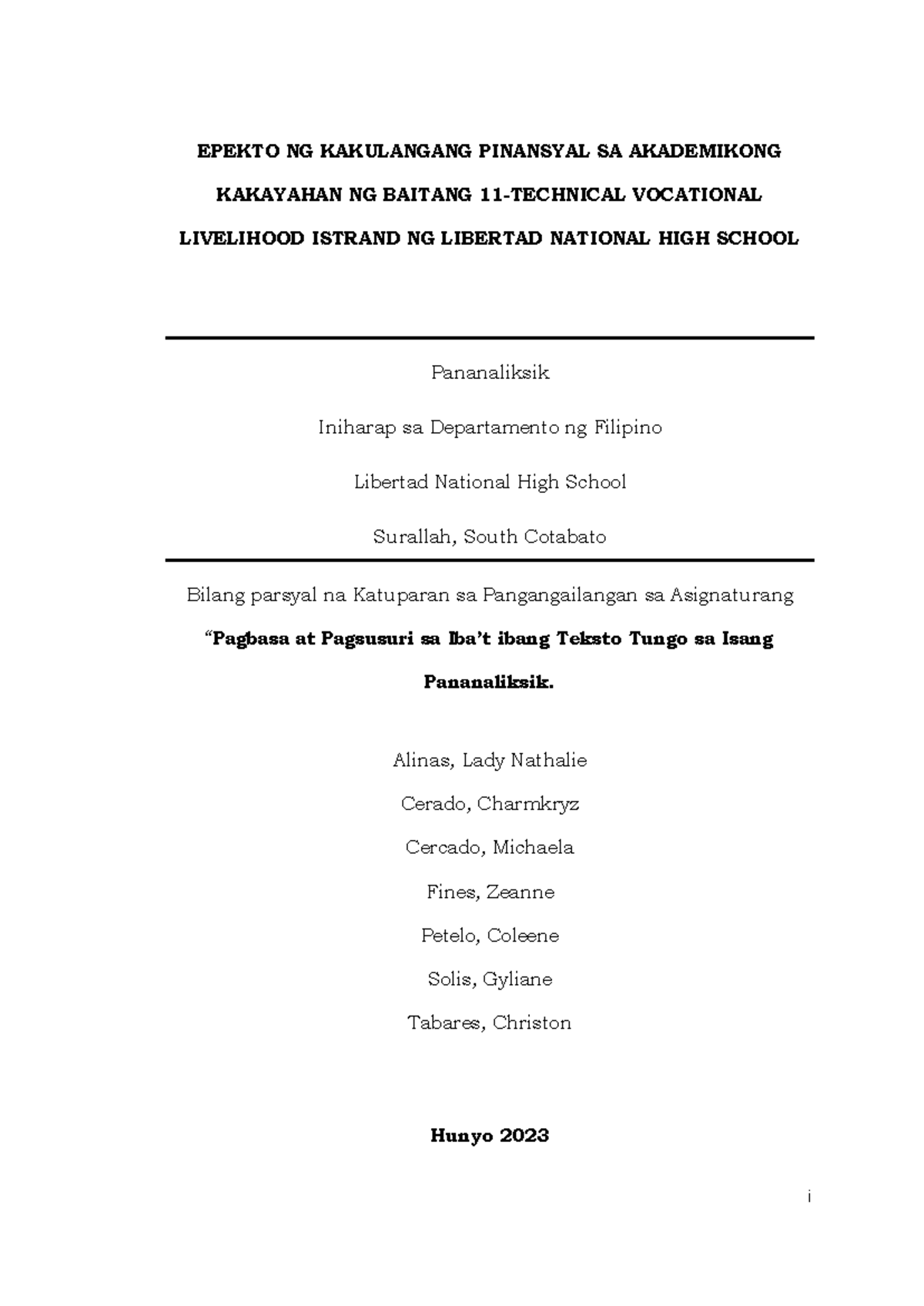 Pananaliksik- Tabares - i EPEKTO NG KAKULANGANG PINANSYAL SA ...