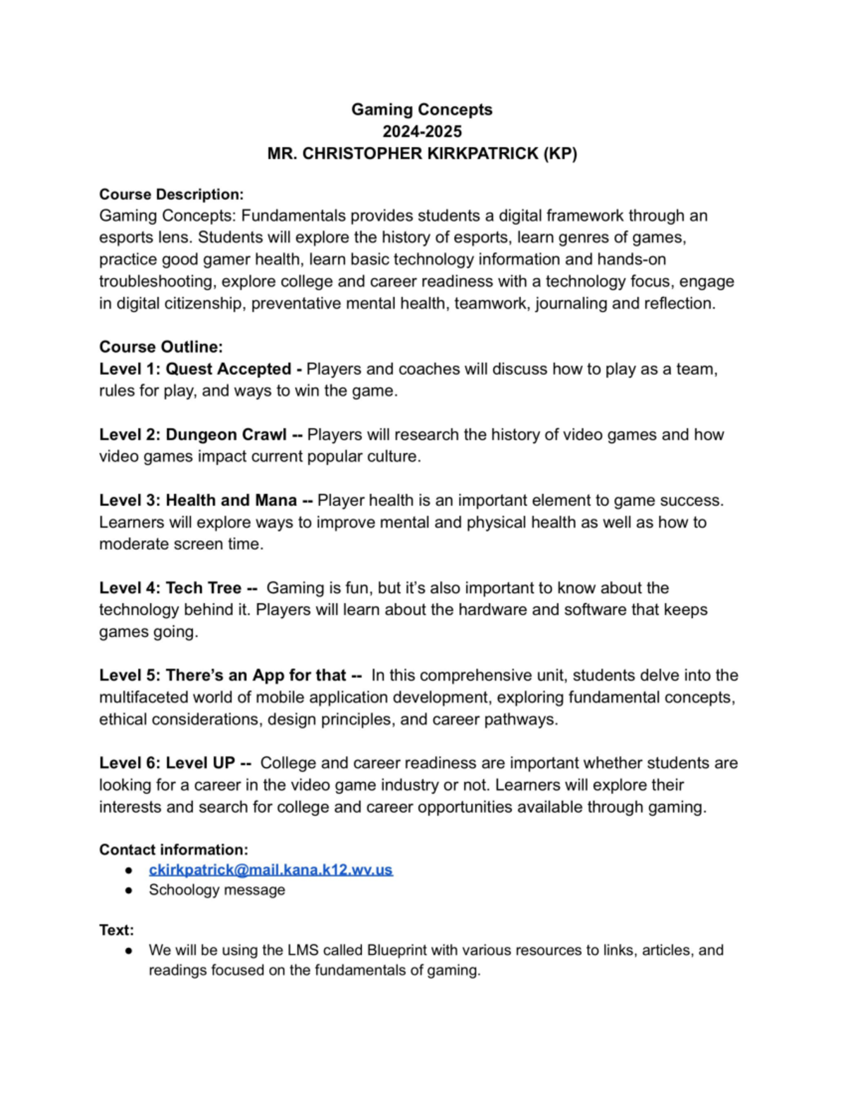 Gaming Concepts Fundamentals Syllabus 2024-2025 - Gaming Concepts MR ...