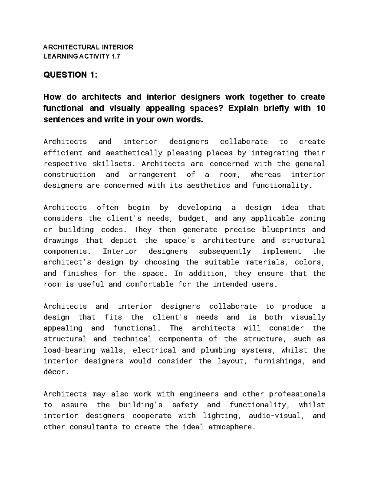 Learning Activity 1.7 Architectural Interior - ARCHITECTURAL INTERIOR ...