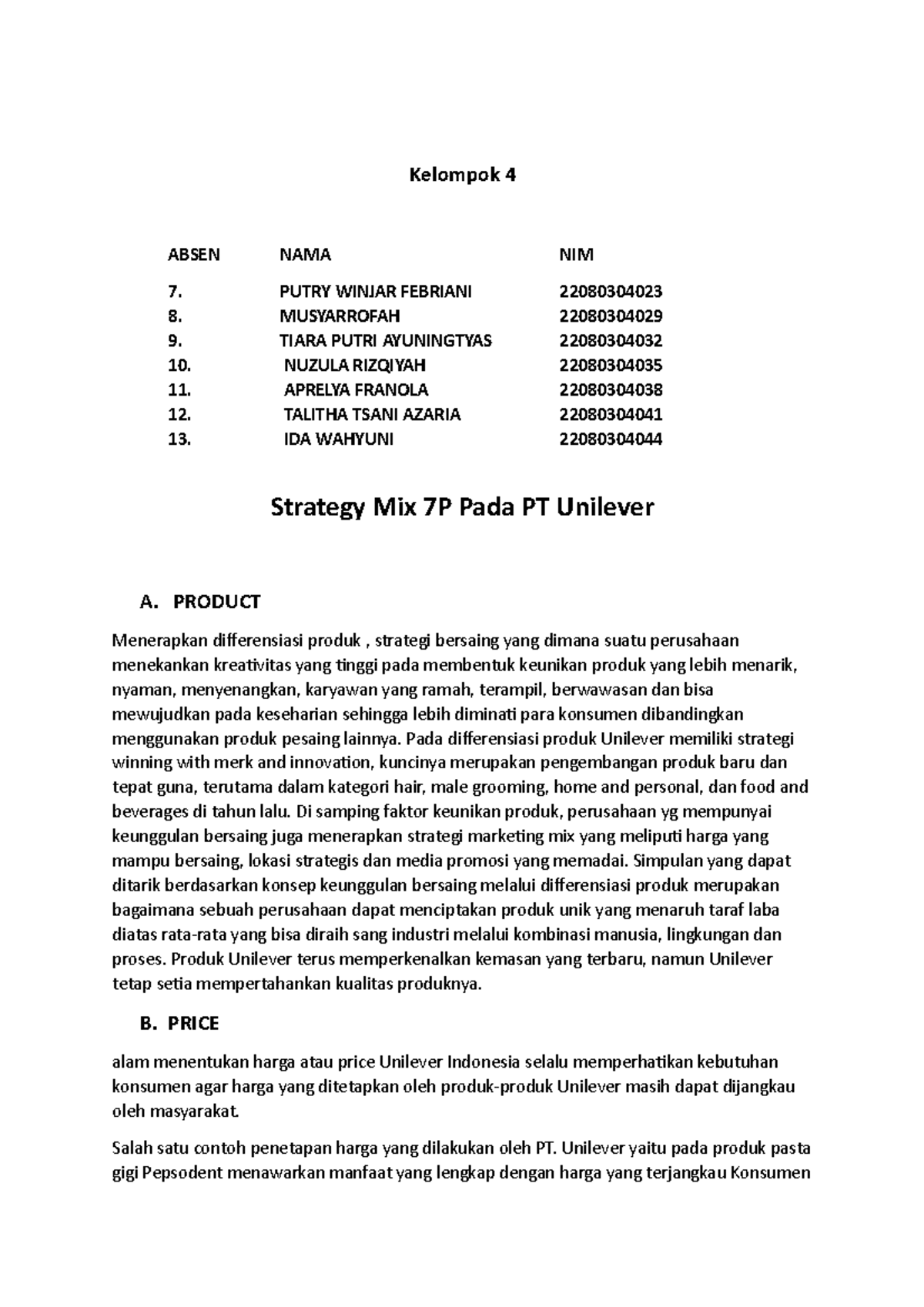 Strategi MIX Klmpk 4 Unilever - Kelompok 4 ABSEN NAMA NIM 7. PUTRY ...