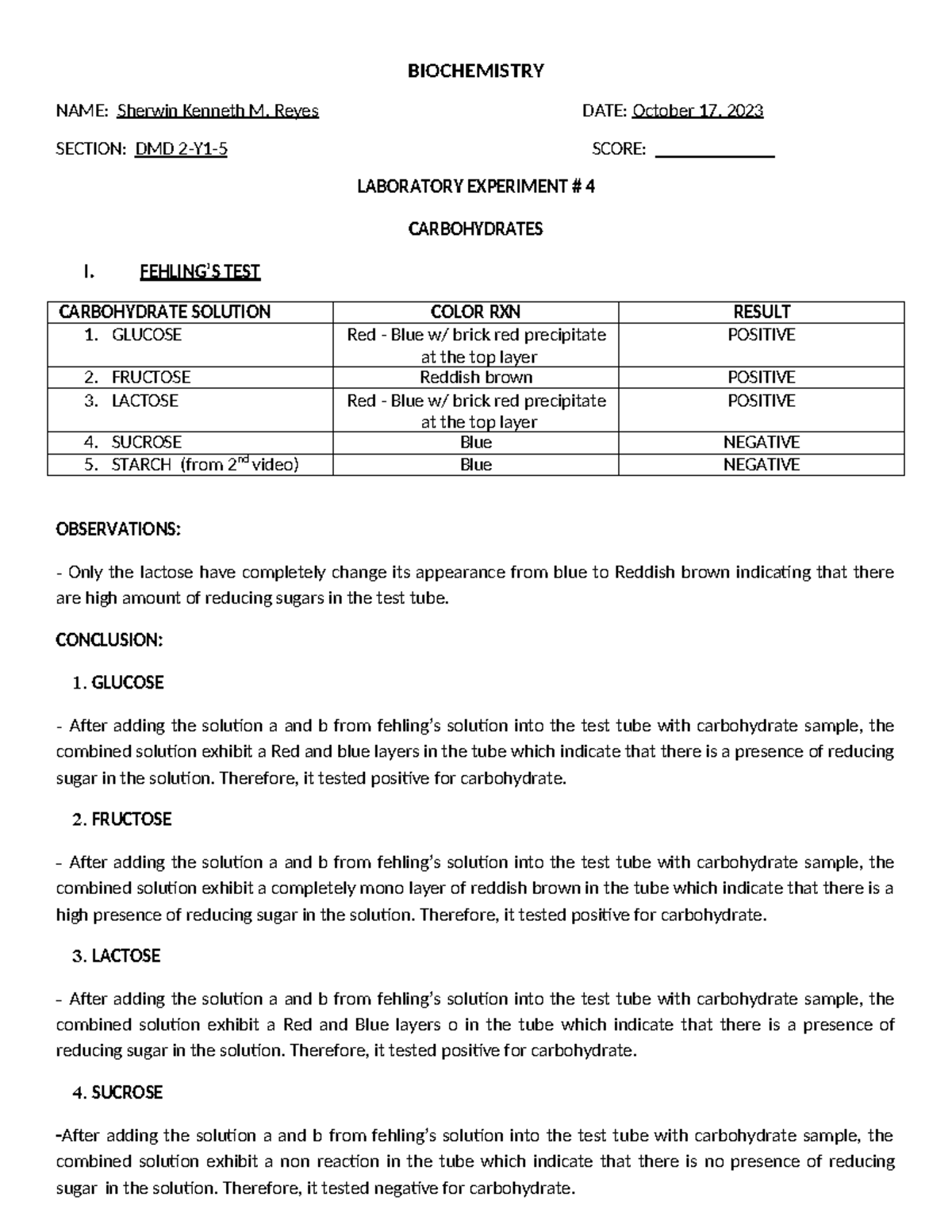 Biochemistry - Lab works - BIOCHEMISTRY NAME: Sherwin Kenneth M. Reyes ...