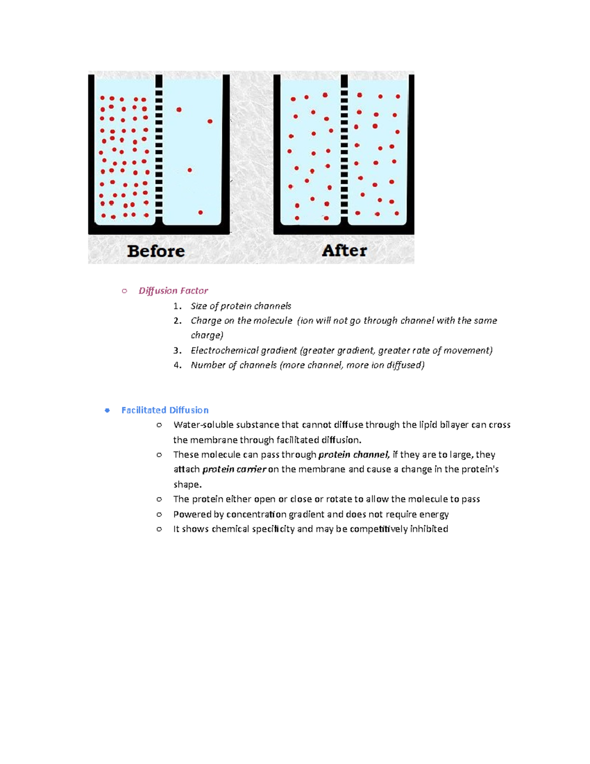 Module 3 - Diffusion Factor 1. Size of protein channels 2. Charge on ...