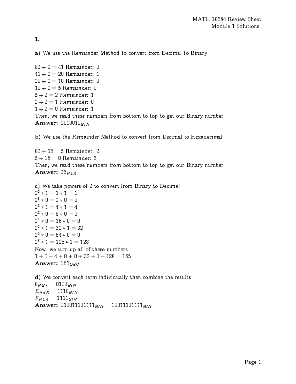 Review - Module 1 Solutions - Module 1 Solutions a) We use the Remainder Method to convert from ...