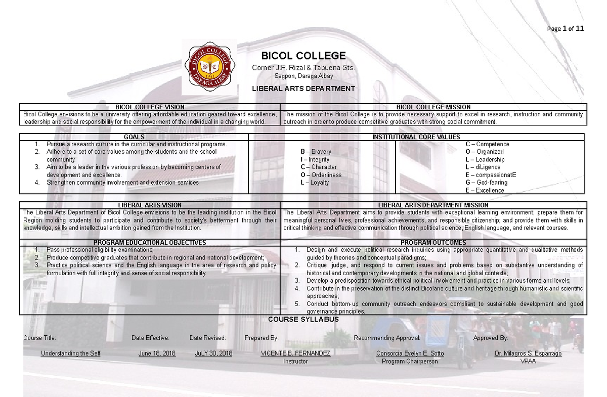 BC Course Syllabus-Un-self - BICOL COLLEGE Corner J. Rizal & Tabuena ...