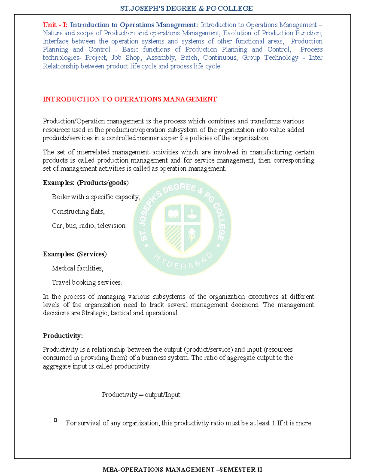 Operations management - INTRODUCTION TO OPERATIONS MANAGEMENT Production/Operation management is ...