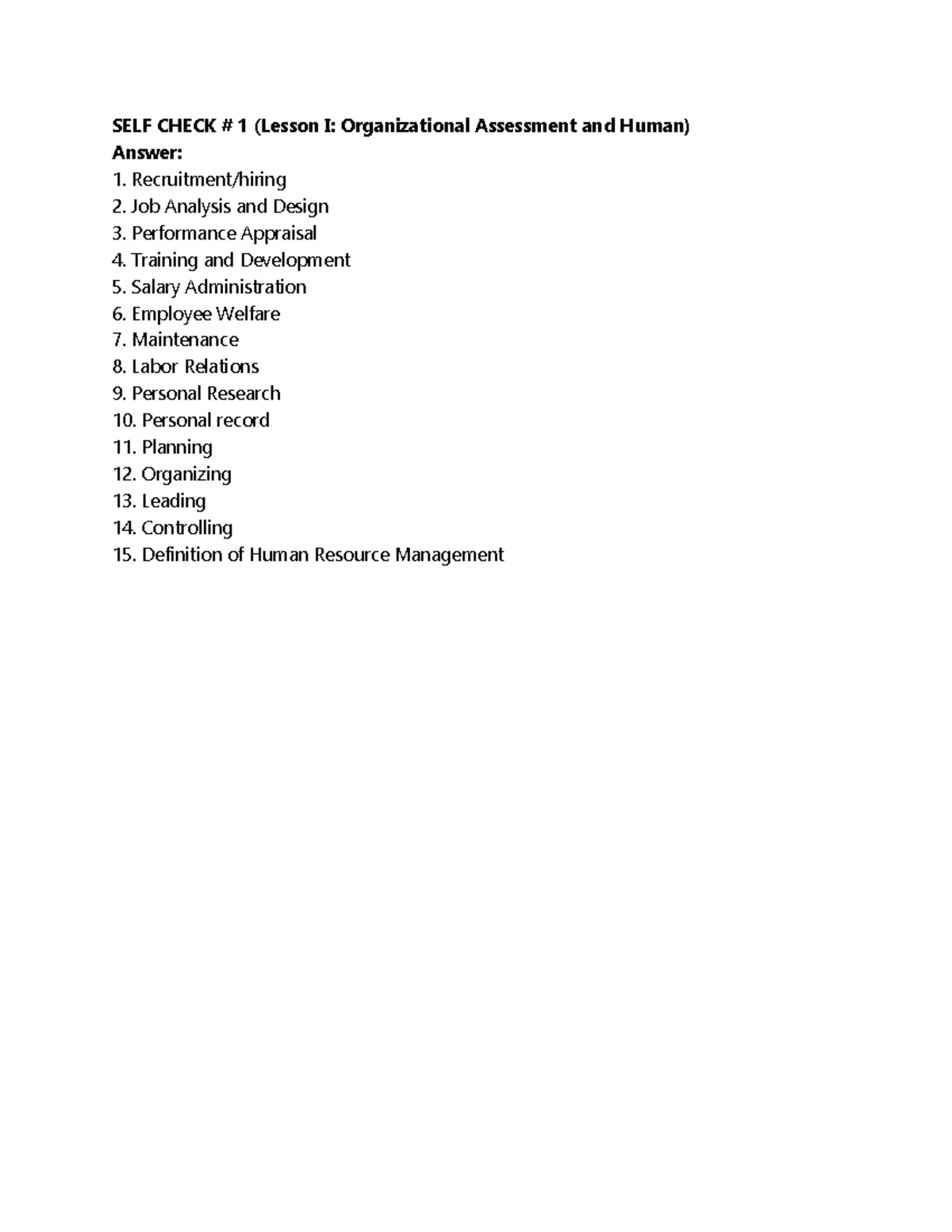 Organizational Assessment and Human - SELF CHECK # 1 (Lesson I ...