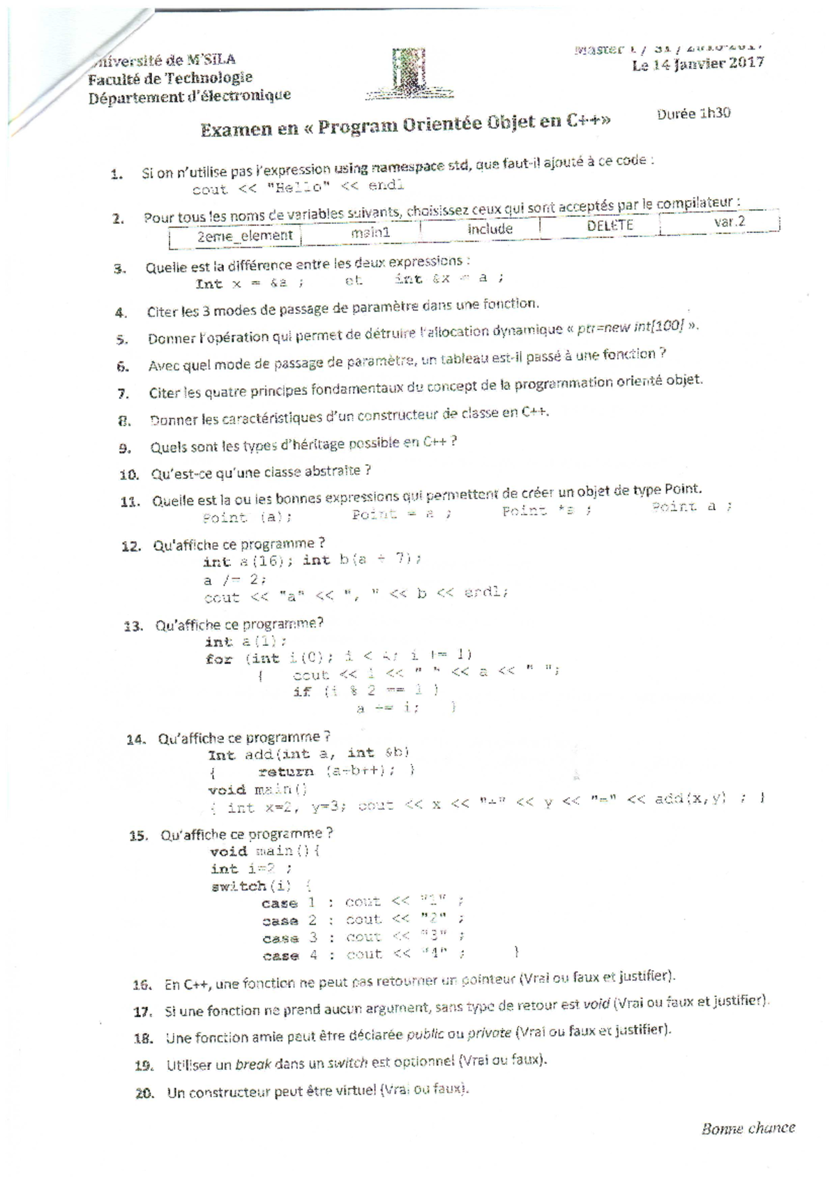 Sujet examen-Programmation-Orienté-o Bjet-Cpp ELN - java programming - Studocu