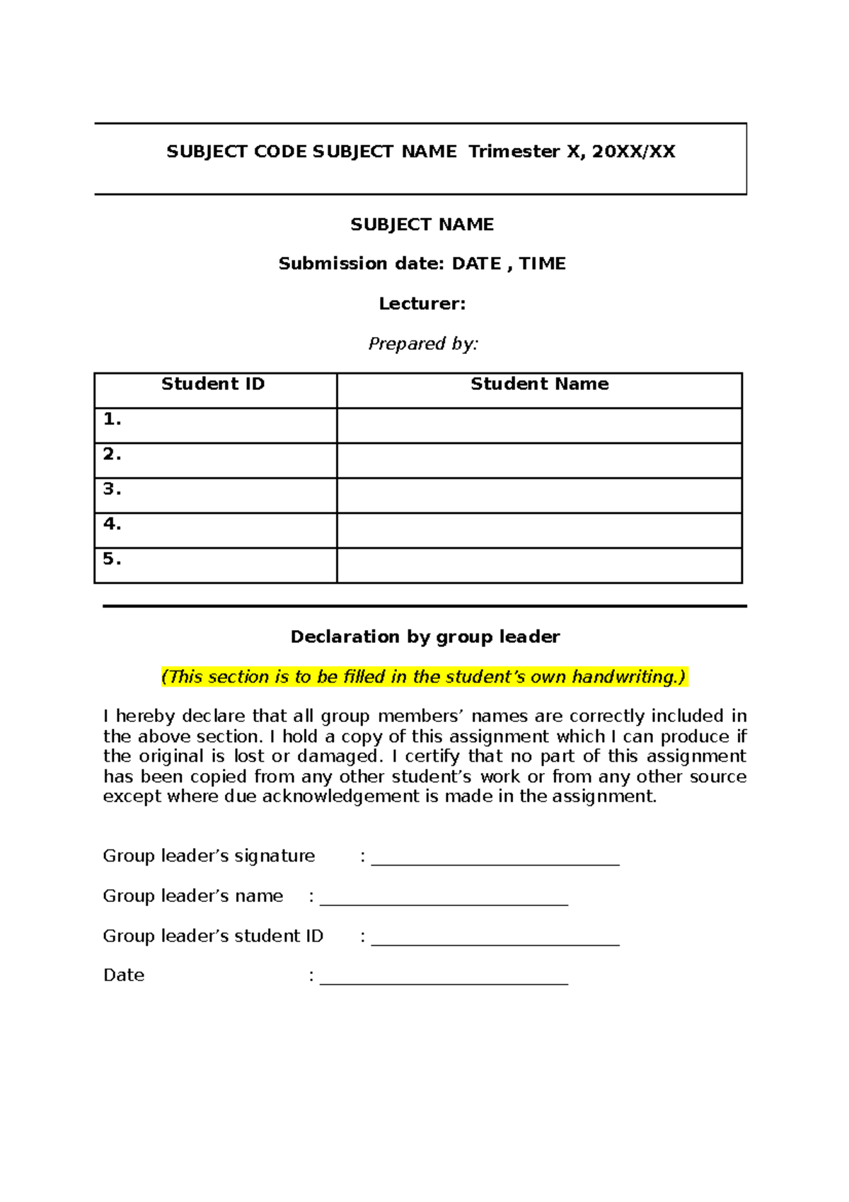 Assignment coverpage - SUBJECT CODE SUBJECT NAME Trimester X, 20XX/XX ...