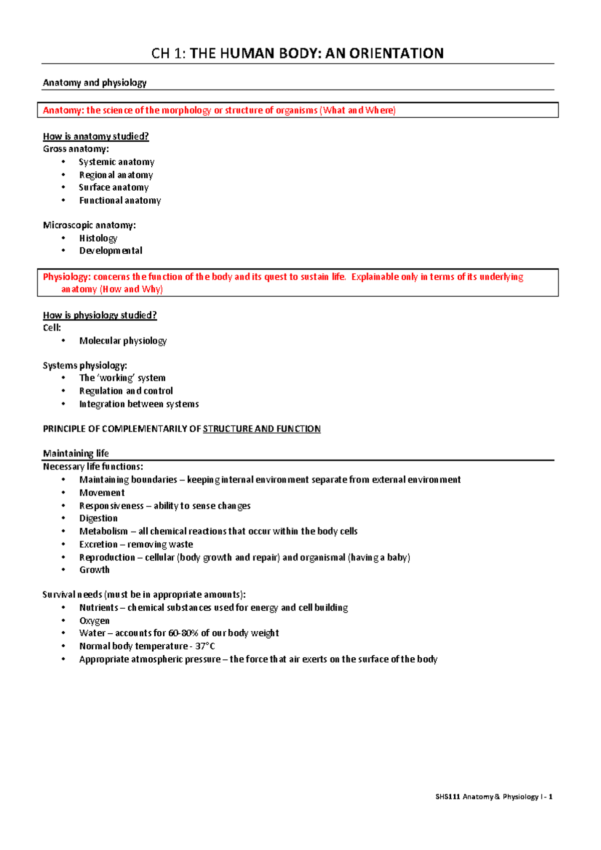 Summary - The Human Body An Orientation (Ch1) - CH 1: THE HUMAN BODY ...