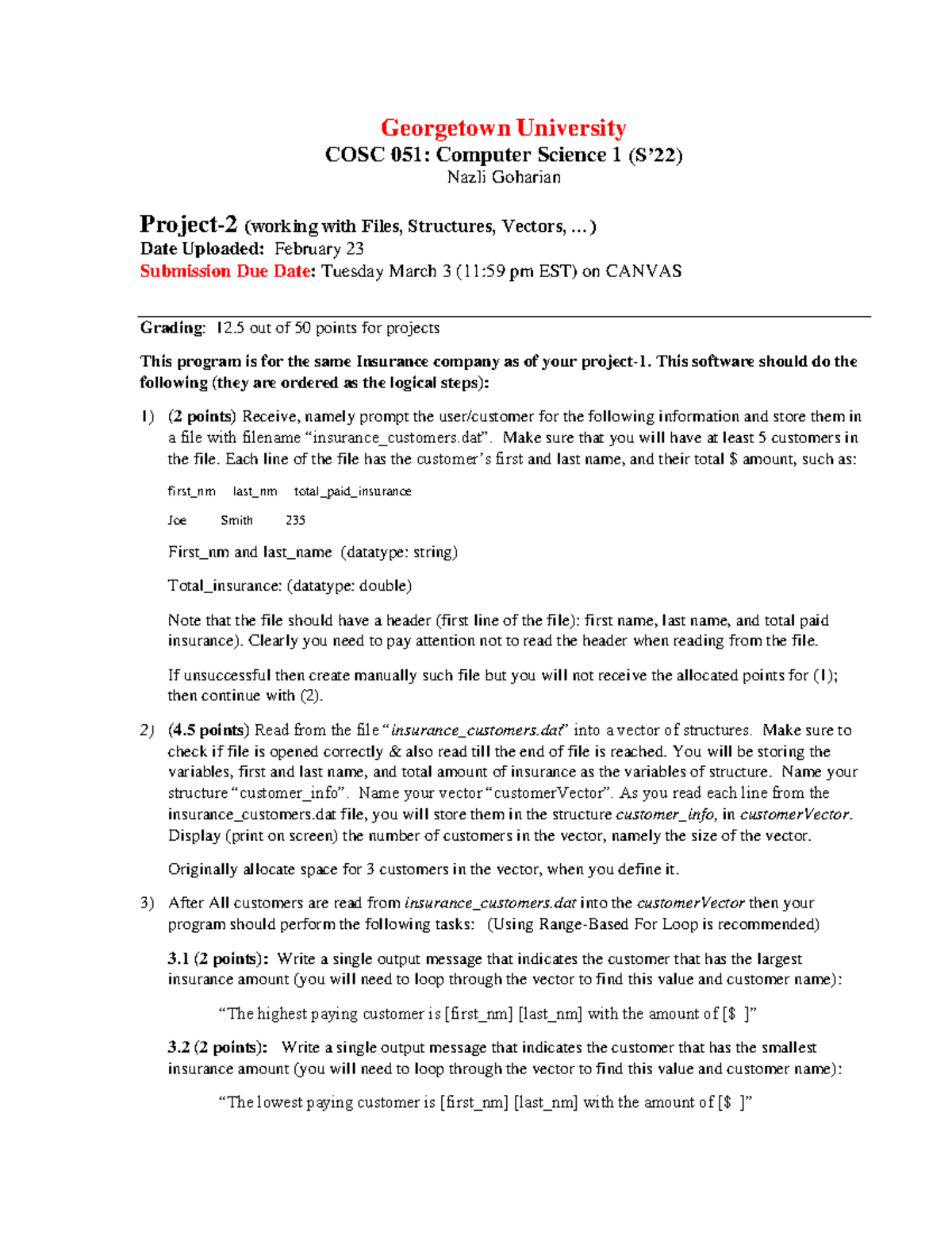 Cosc051 S22 Project 2 Nazli Goharian - Georgetown University COSC 051: Computer Science 1 (S’22 ...
