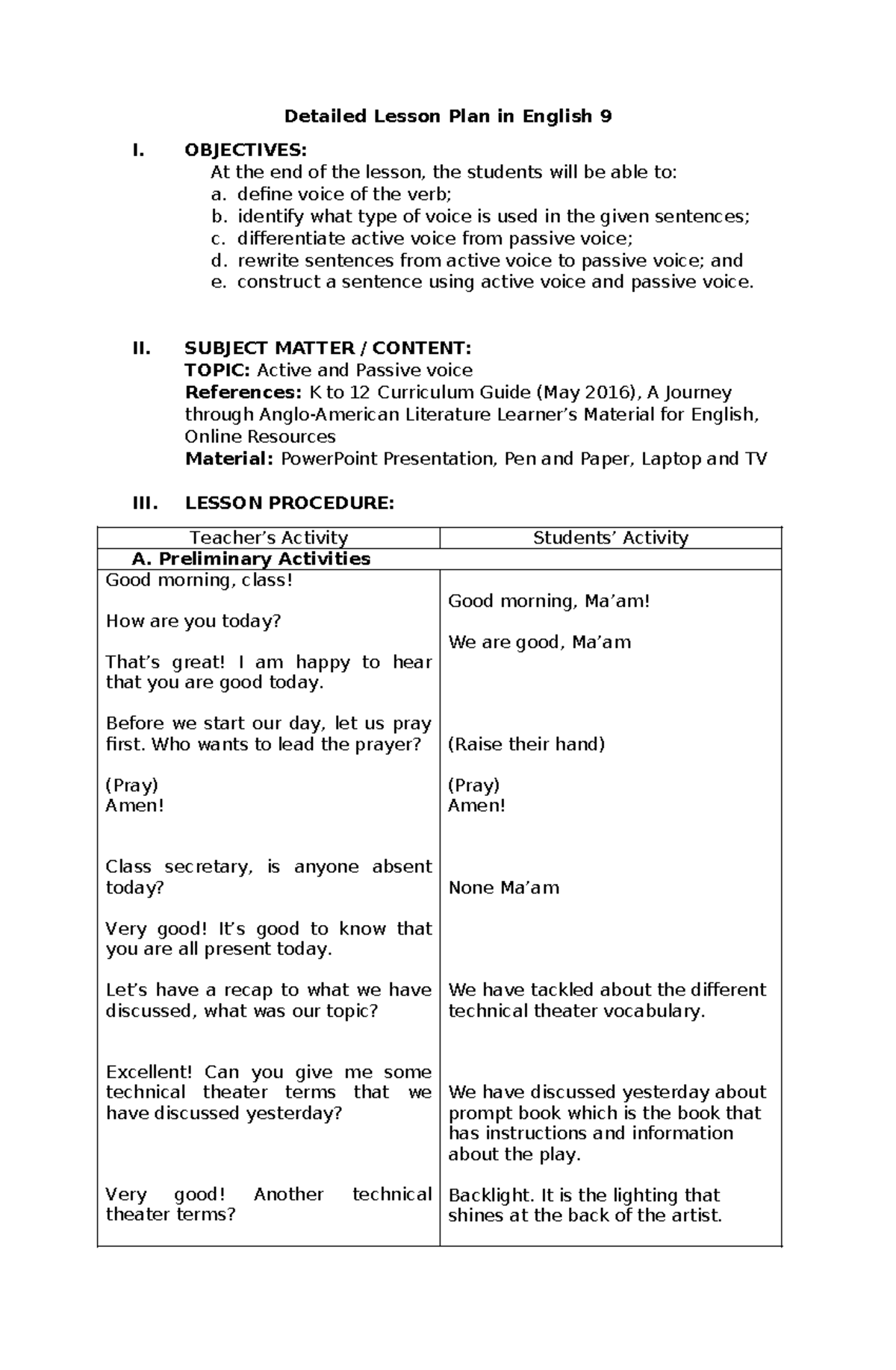 Active and Passive Voice - Detailed Lesson Plan in English 9 I ...