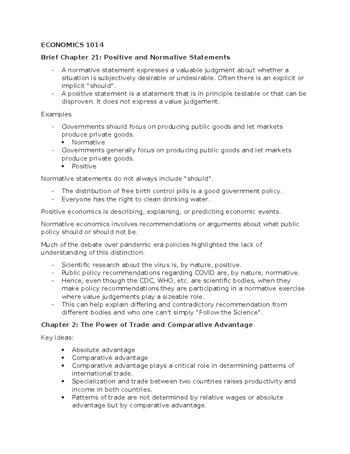 Economics 1014 - ECONOMICS 1014 Brief Chapter 21: Positive and ...