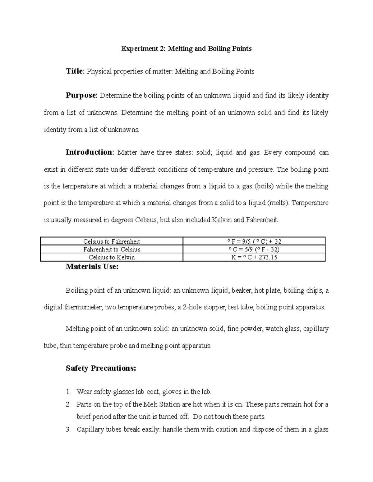 Experiment 2 Melting and Boiling Points - Experiment 2: Melting and ...