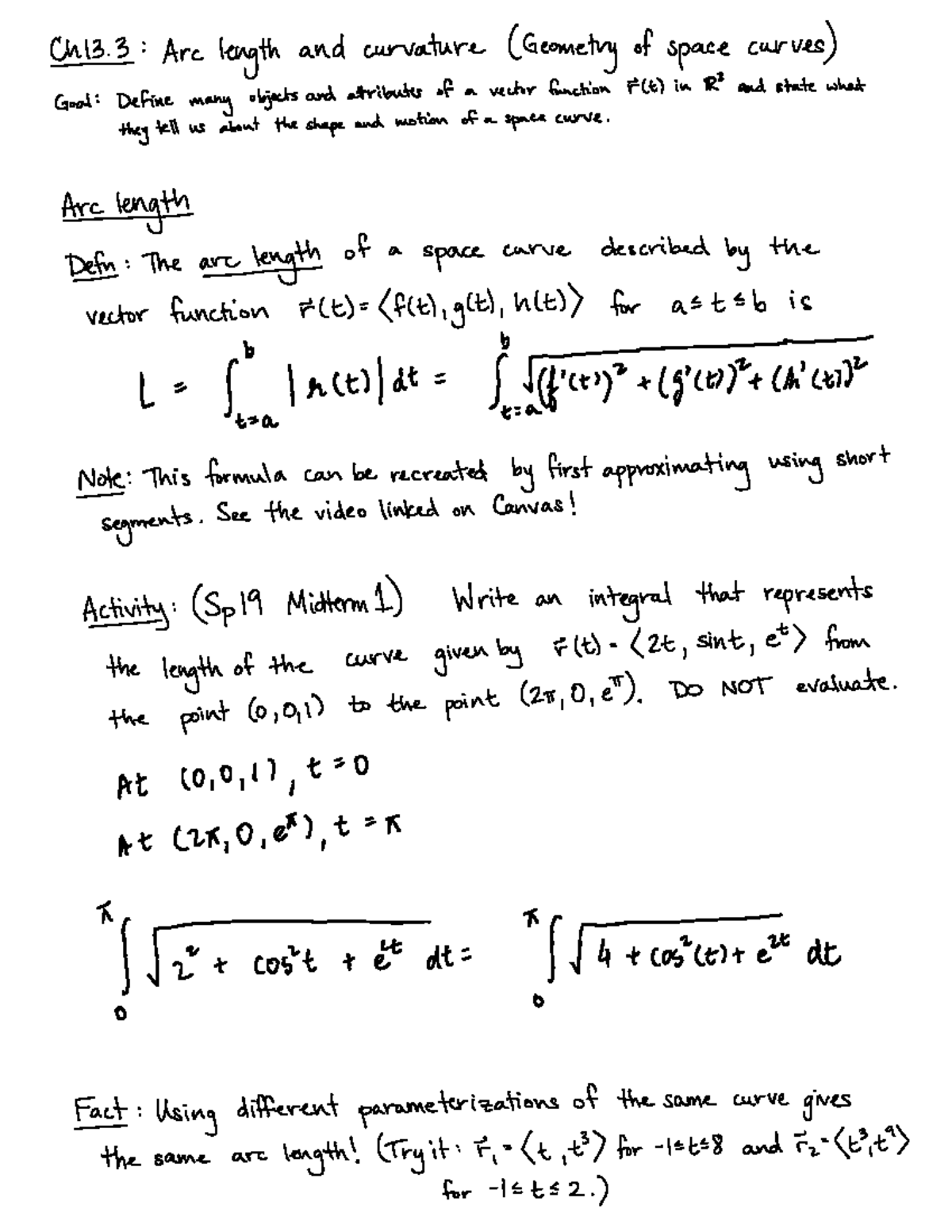 13 3 Outline - Prof Cassie Williams - C3:Arc length and curvature (Geometry of space curves ...
