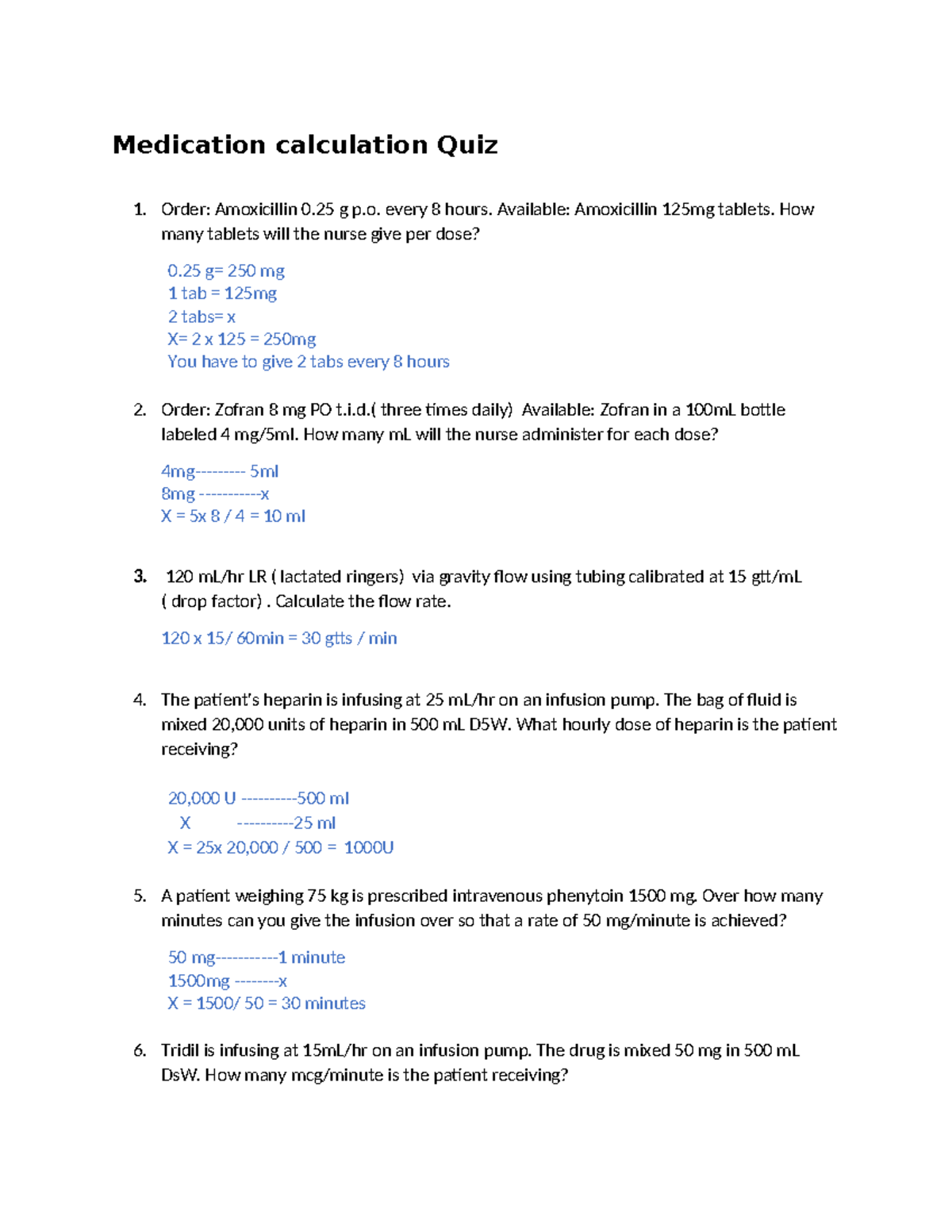 Medication calculation excercises WITH Answers may 6-2023 - Medication ...