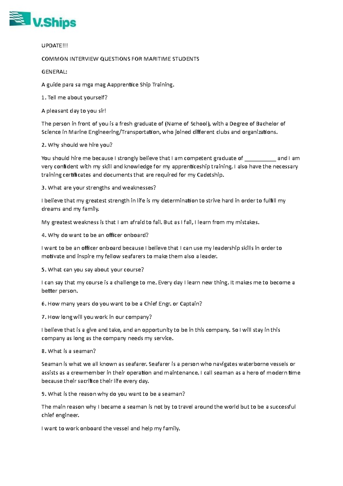 V Ships Questions For Cadets - UPDATE!!! COMMON INTERVIEW QUESTIONS FOR ...