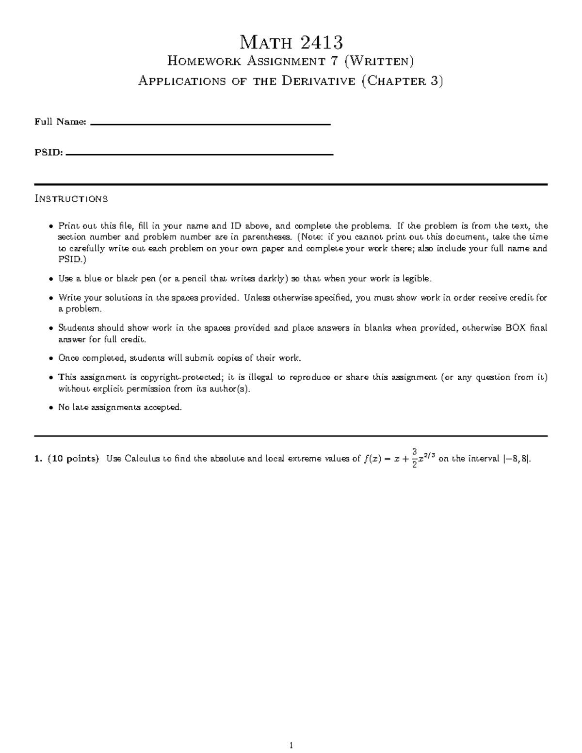 MATH HW 1330 Calculus Preparation 2021 - Math 2413 Homework Assignment ...