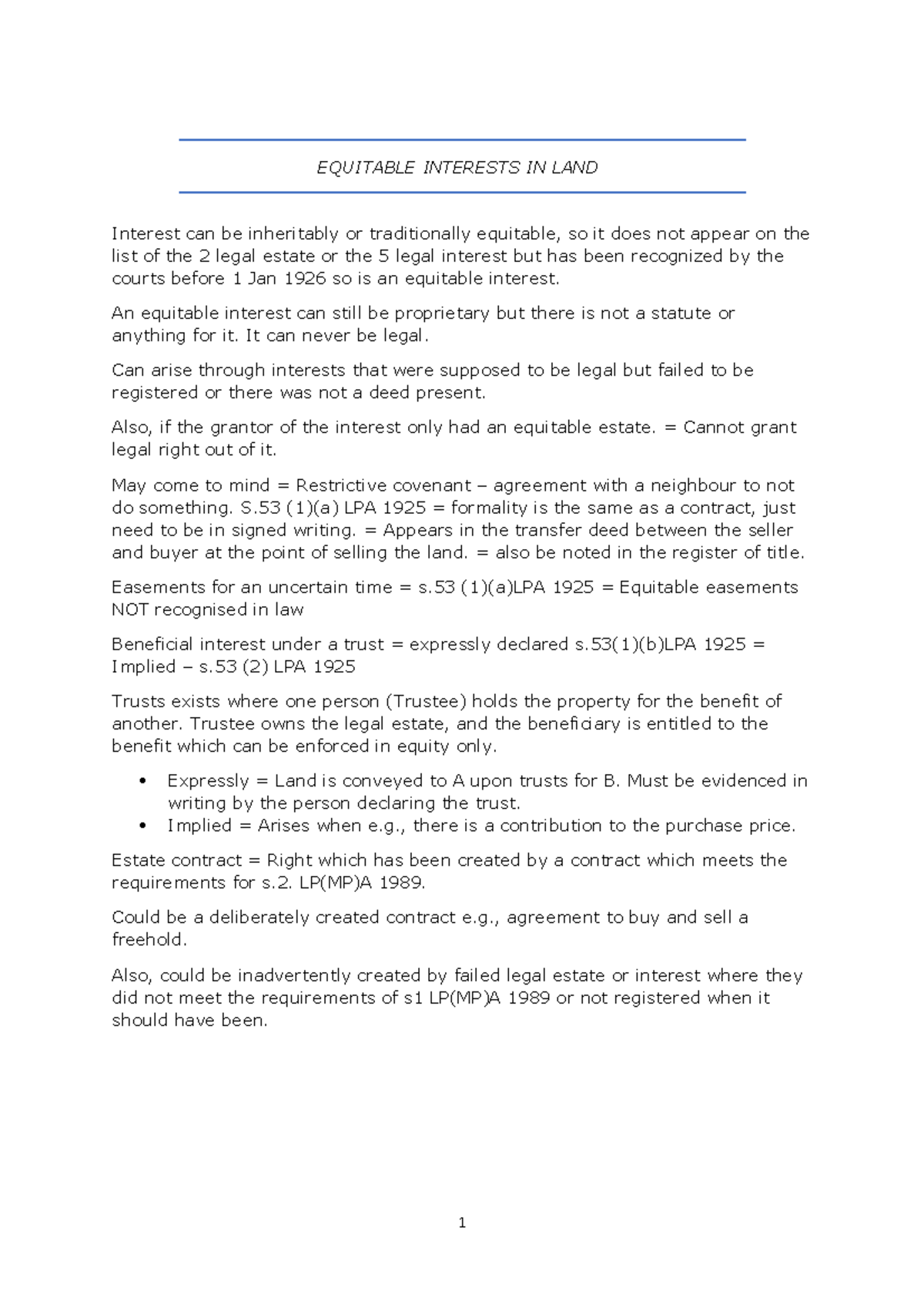 Equitable interests in land - EQUITABLE INTERESTS IN LAND Interest can be inheritably or - Studocu