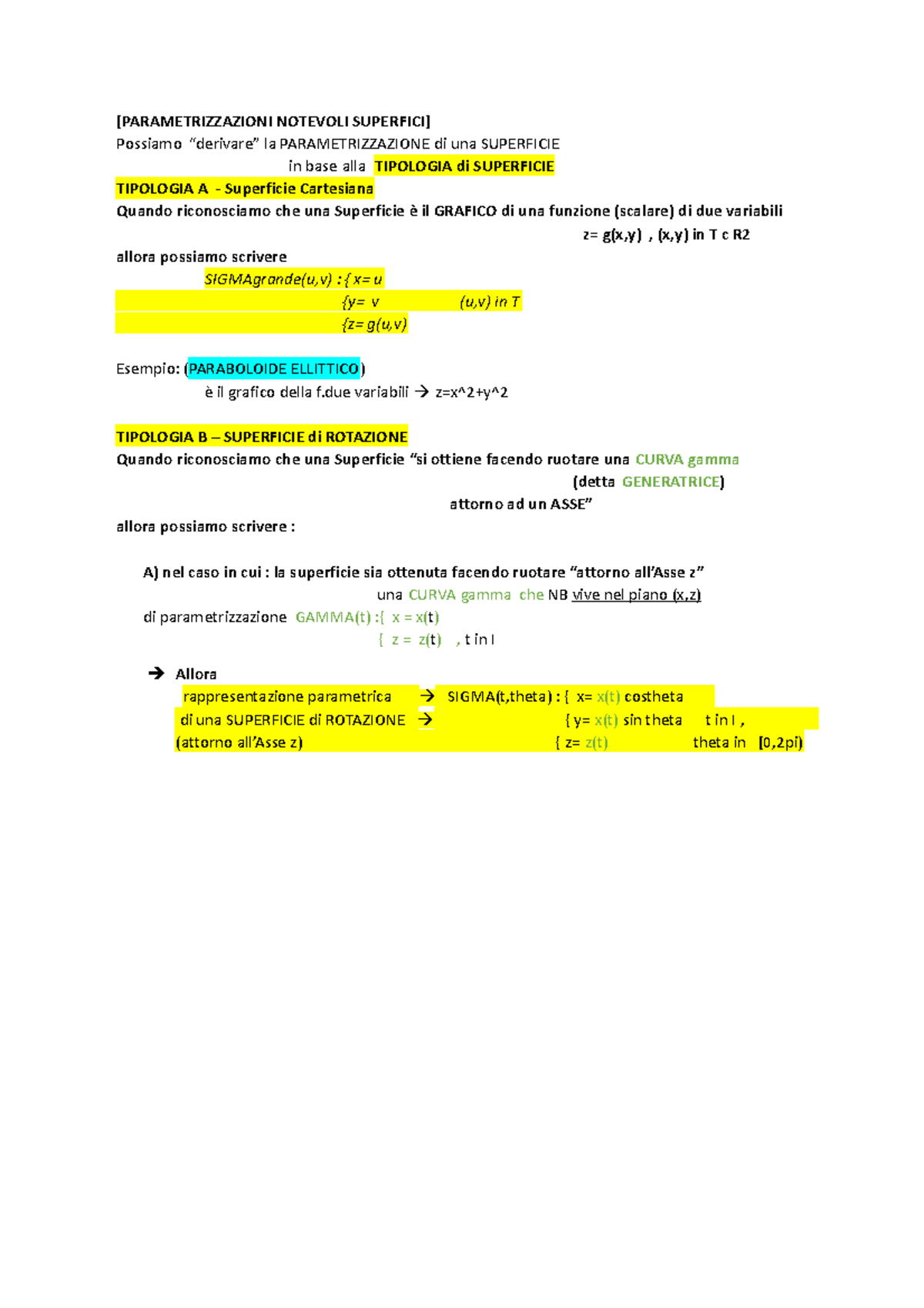 Elenco Parametrizzazioni Superfici - [PARAMETRIZZAZIONI NOTEVOLI ...